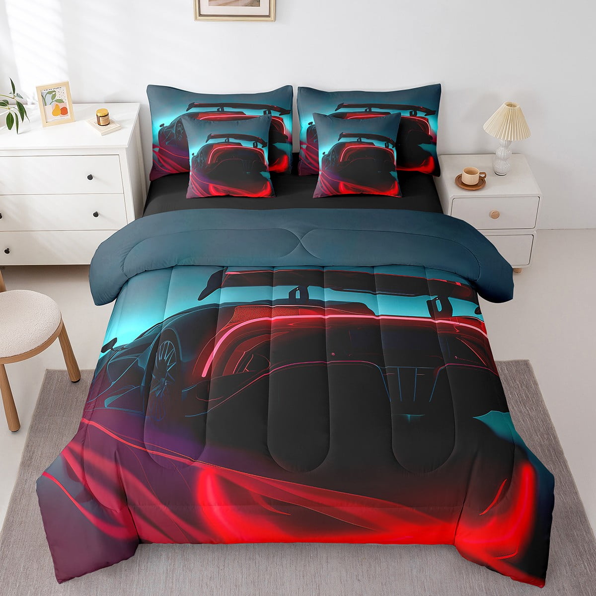 7 Pcs Red Racing Car Bed In A Bag Extreme Sports Comforter Set Full ...