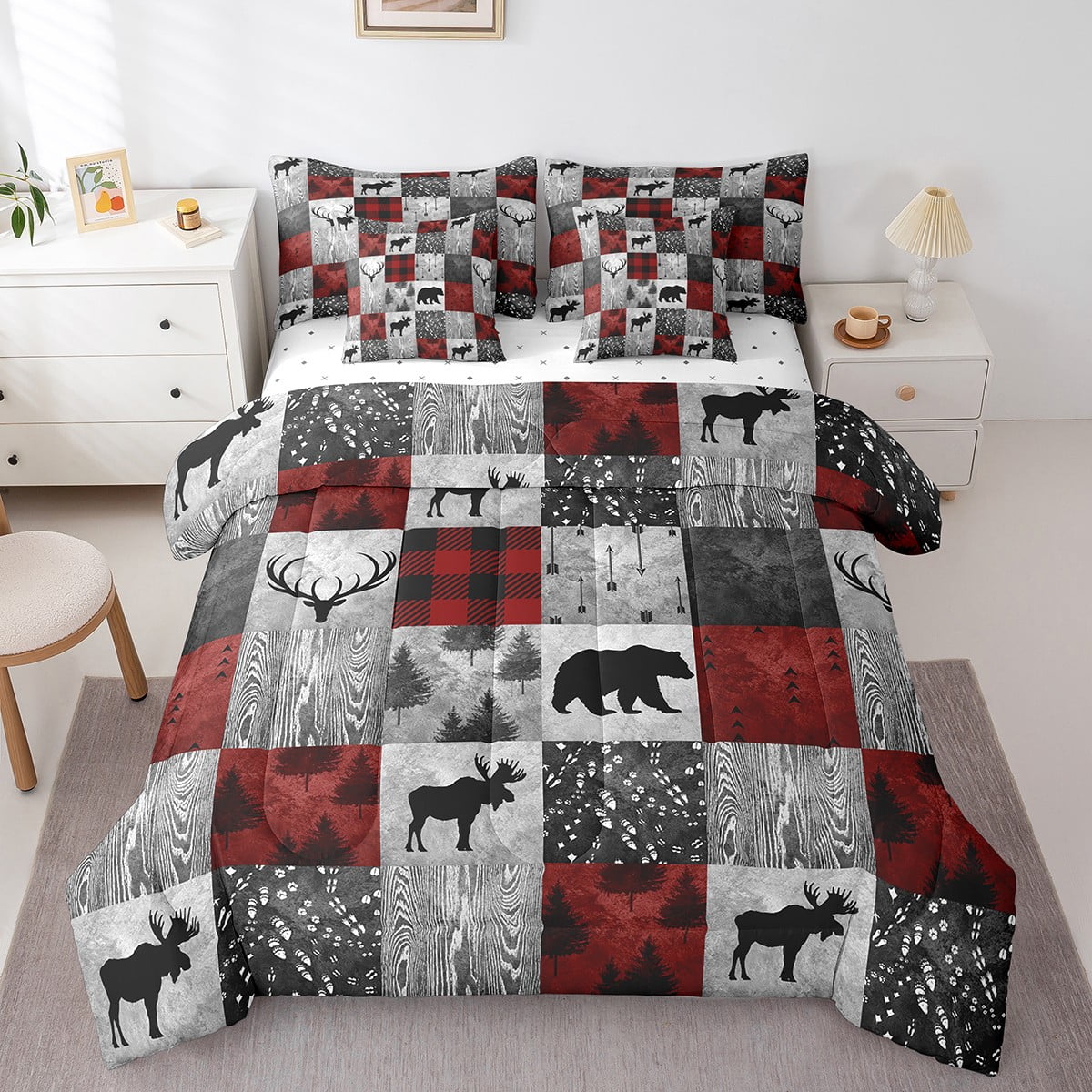 7 Pcs Rustic Bear Comforter Set Queen Size,Hunting Animal Bed in a Bag with Flat Sheet and ...