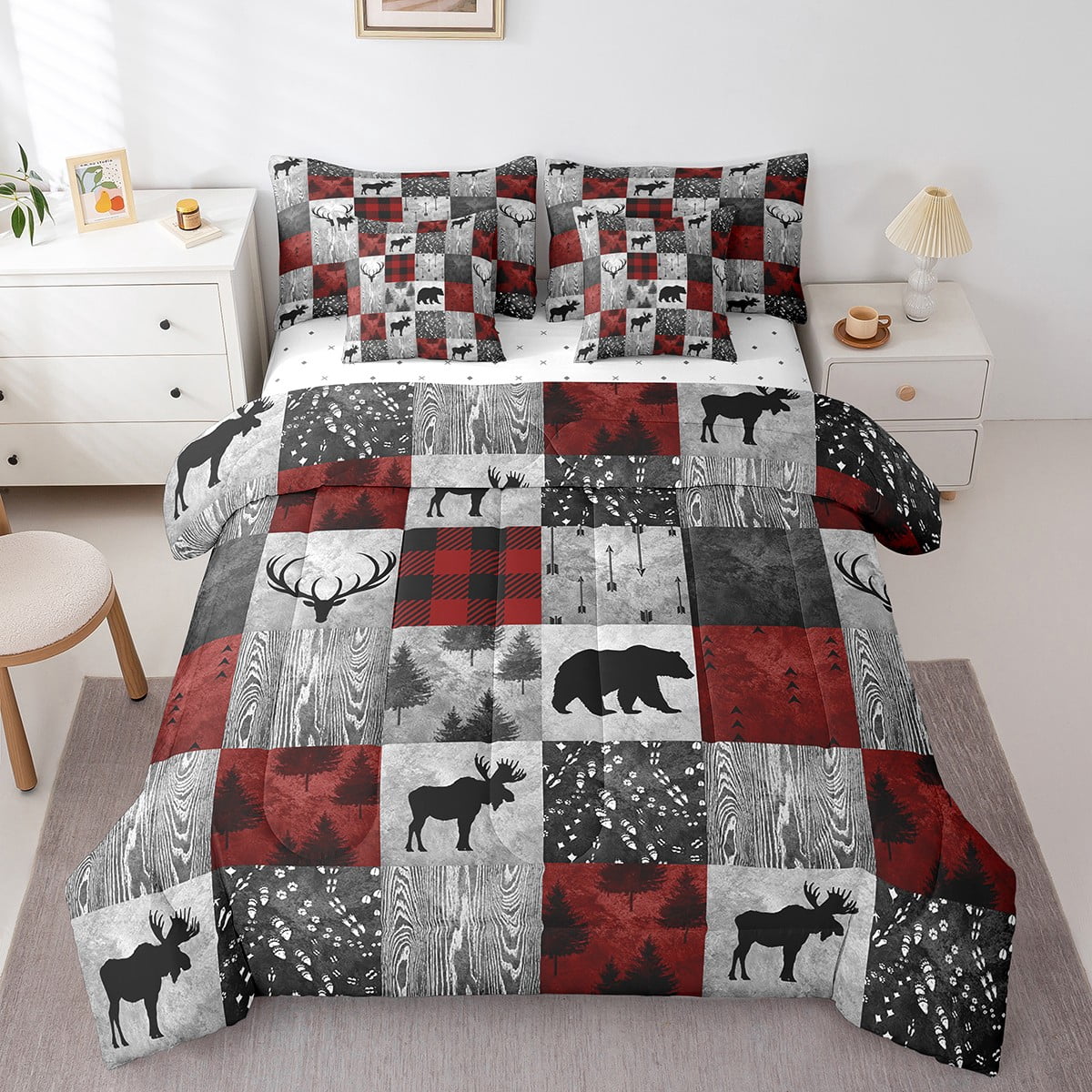 7 Pcs Rustic Bear Comforter Set Twin Size,Hunting Animal Bed in a Bag ...