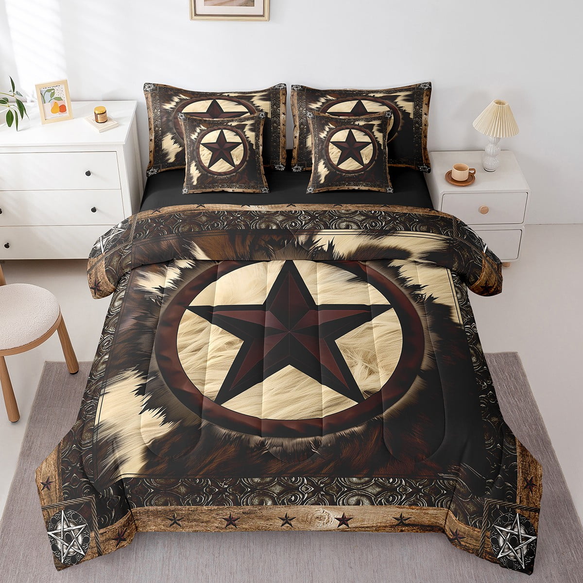 7 Pcs Rustic Cow Comforter Set King Size,Western Texas Star Bed in a ...