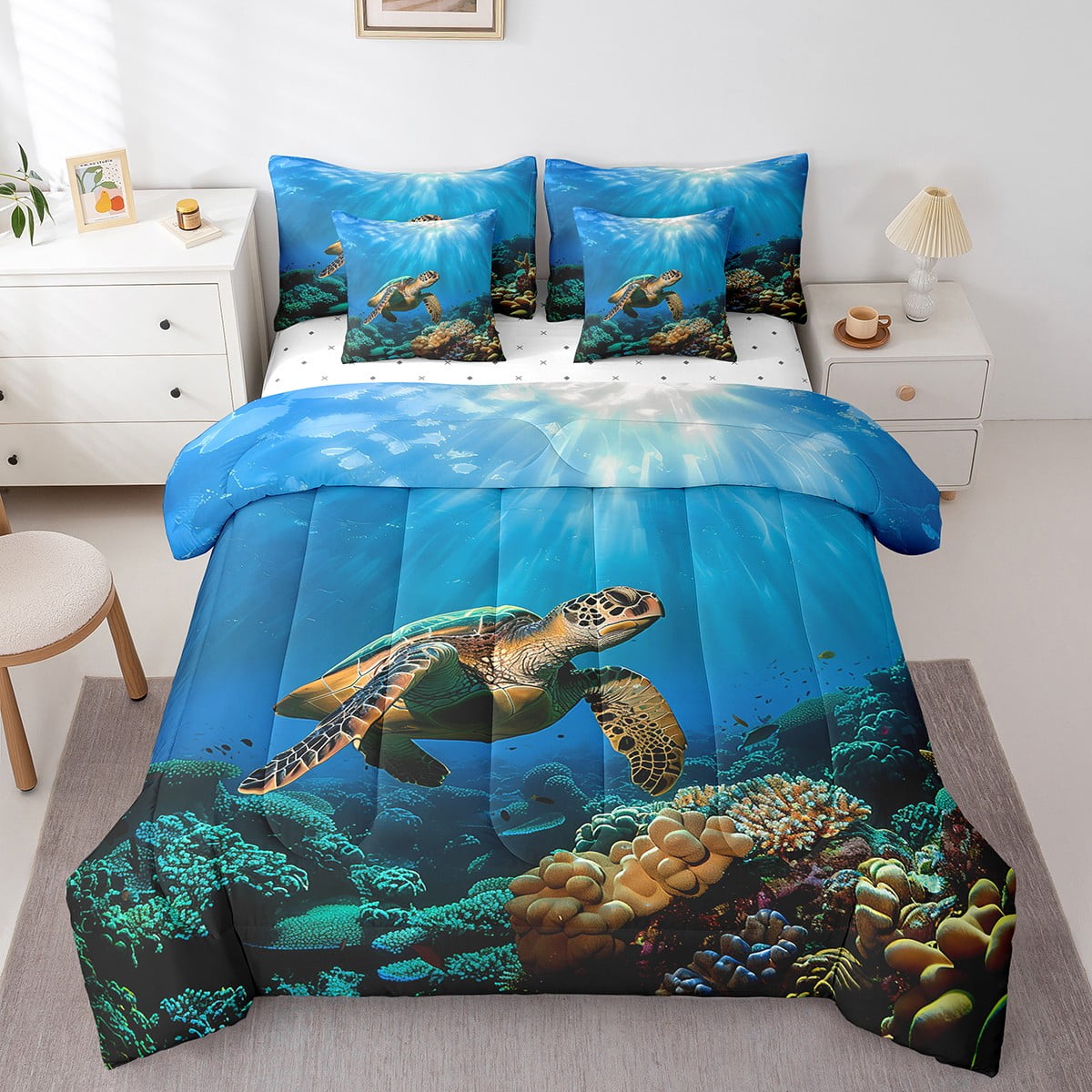 Erosebridal 7 Pcs Sea Turtle Comforter Set Full 3D Tortoise Quilt with ...