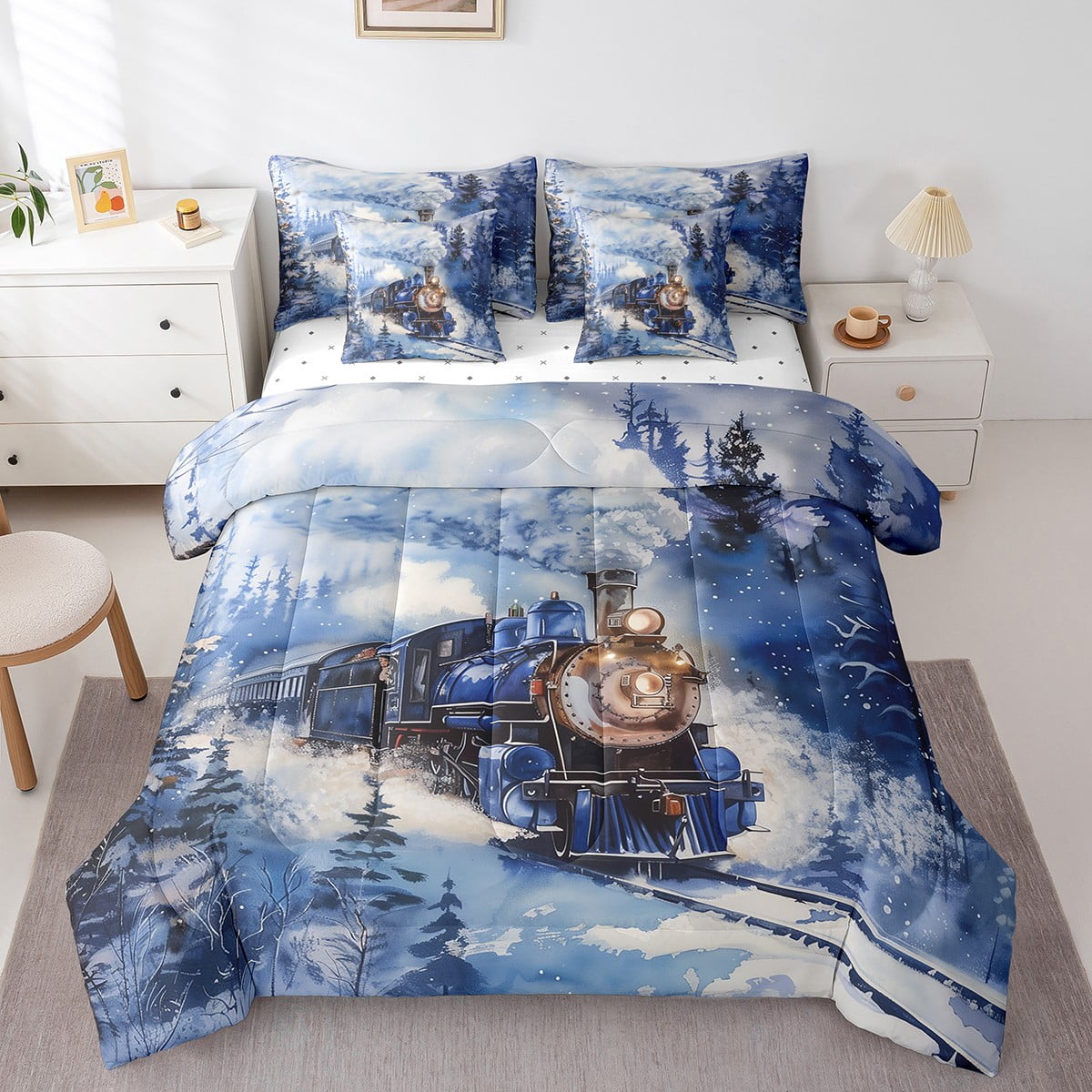 YST 7 Pcs Train Bedding Set For Boys, Full Steam Locomotive Comforter ...