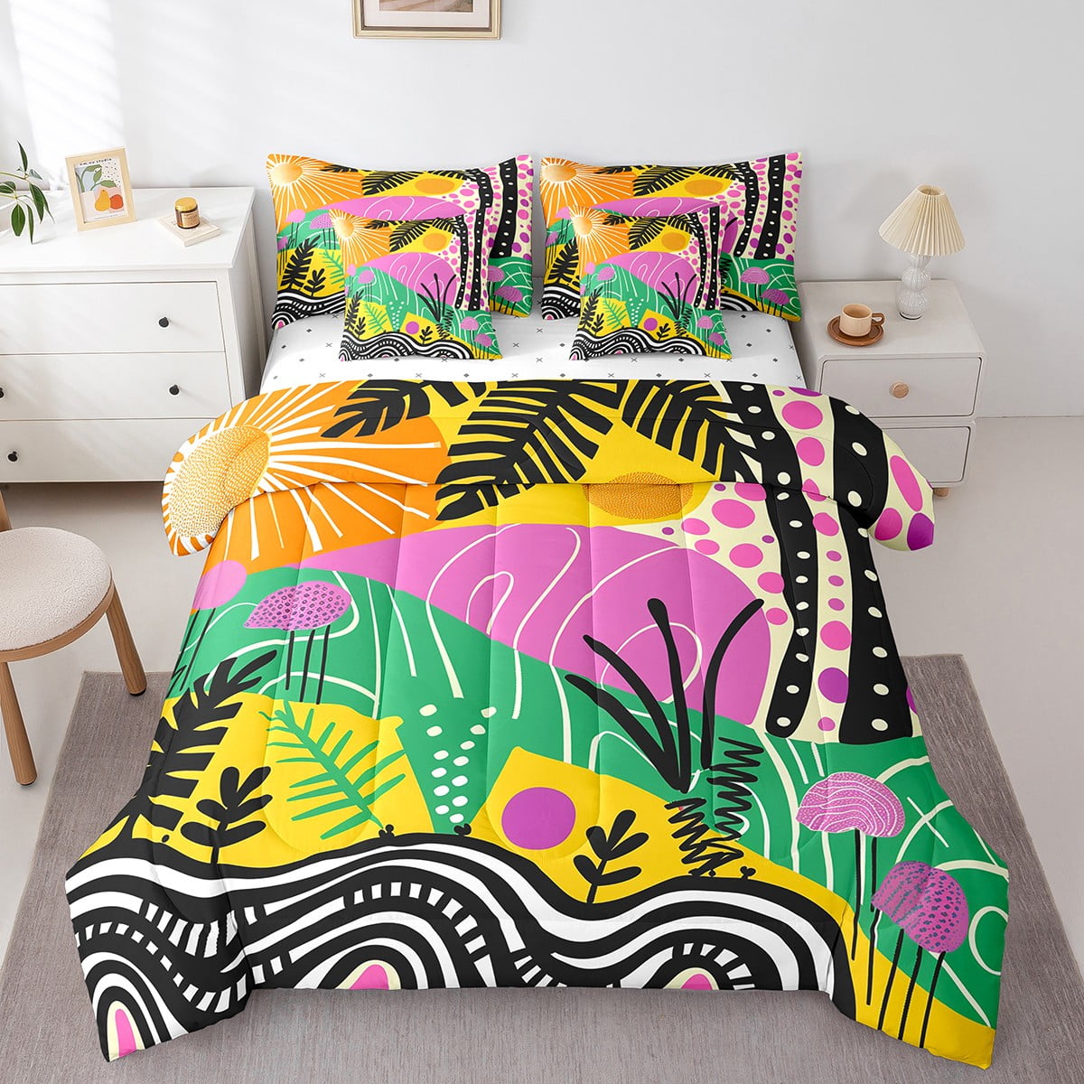 7 Pcs Tropical Palm Tree Comforter Set Full Watercolor Sun Sheet Set ...