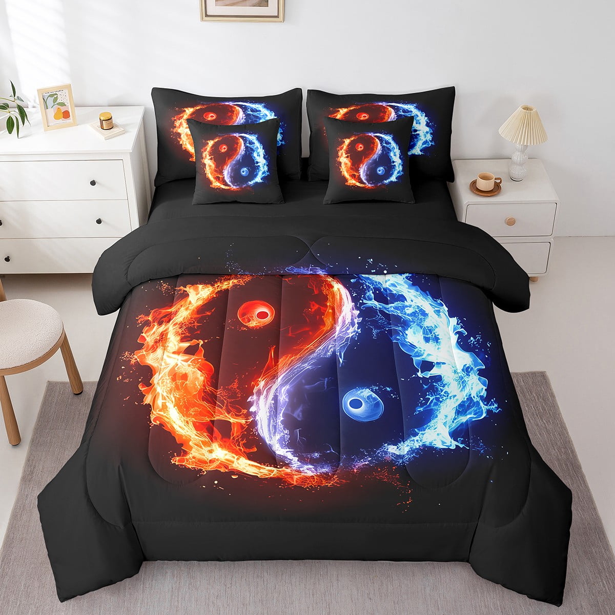 Erosebridal 7 Pcs Yin Yang Comforter Set Twin Ice and Fire Quilt with Flat Fitted Sheet Red Blue ...