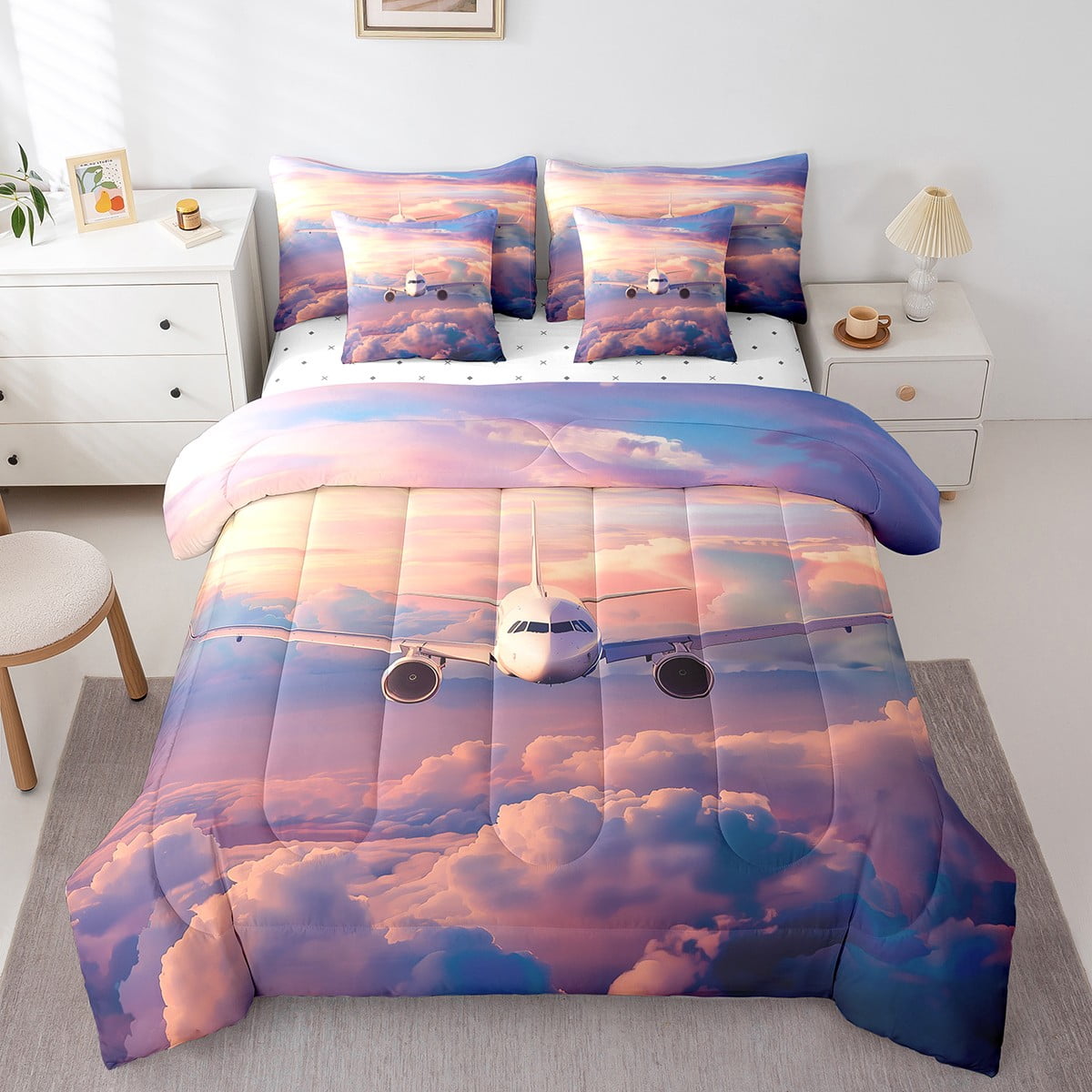 YST 7 Piece Airplane Comforter Set Queen,3D Aircraft Bedding Set With ...
