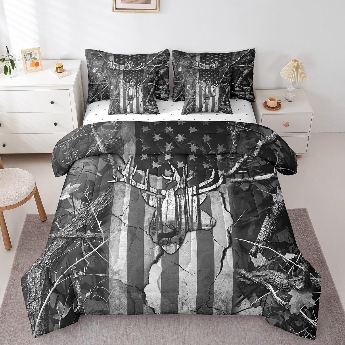 7 Piece American Flag Deer Comforter Set King Black Gray Woodland Deer ...