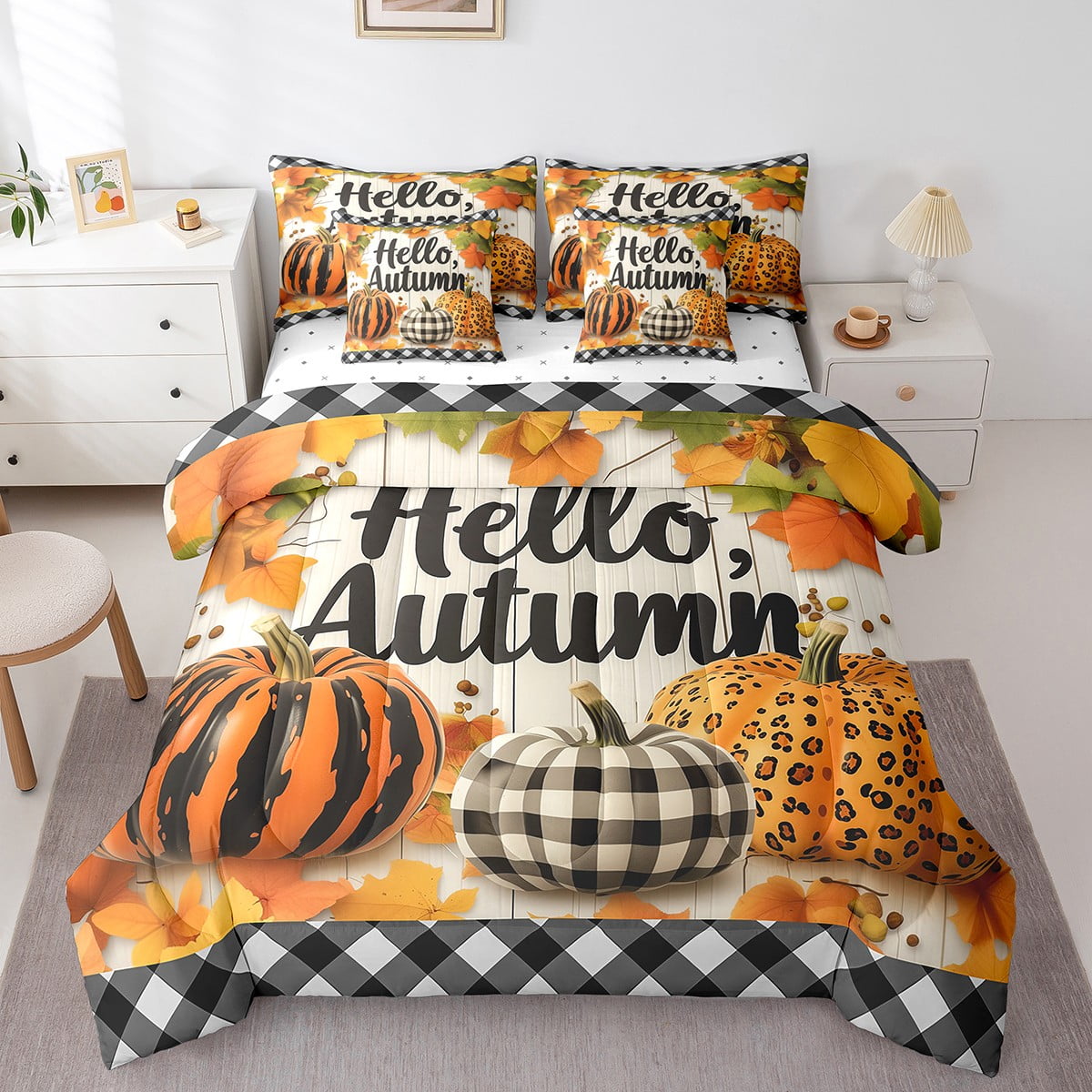 YST 7 Piece Autumn Pumpkin King Bed In A Bag Kids,Rustic Maple Leaf Barn Door Bedding Set Fall ...