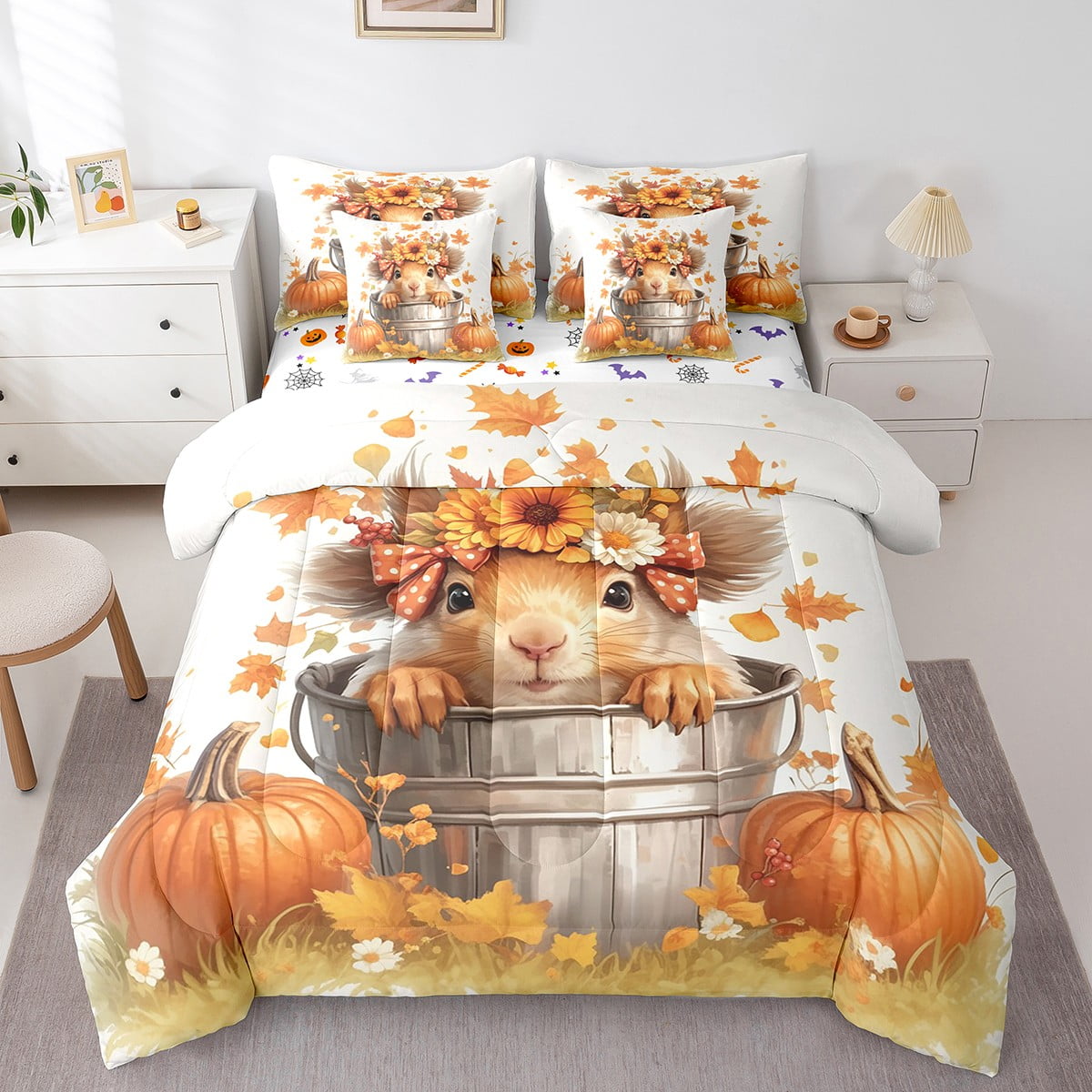 YST 7 Piece Autumn Squirrel King Bedding Set,Fall Leaves Pumpkin Bed in a Bag Farmhouse Home ...