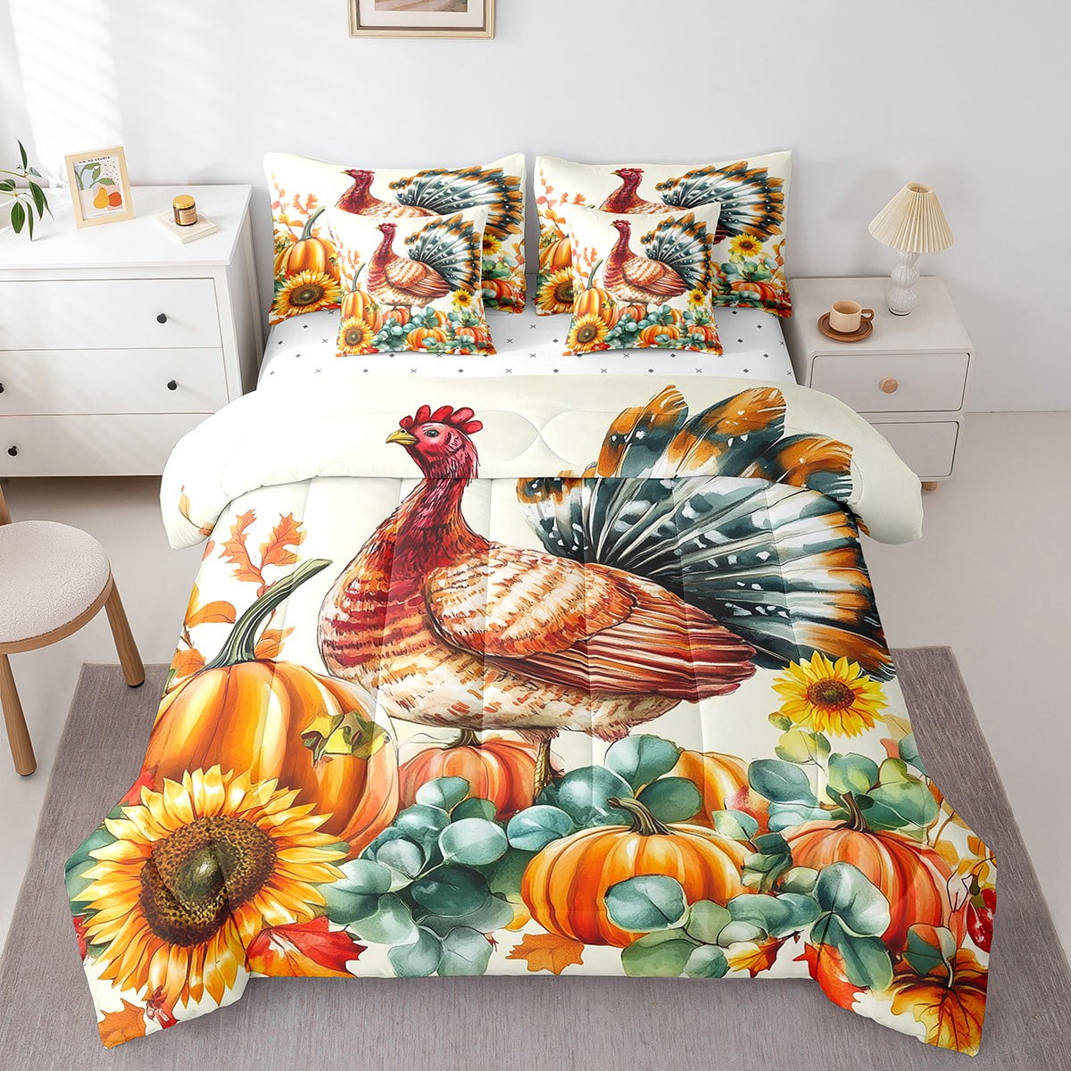 7 Piece Autumn Thanksgiving Bedding Sets Twin Turkey Bed In A Bag With ...
