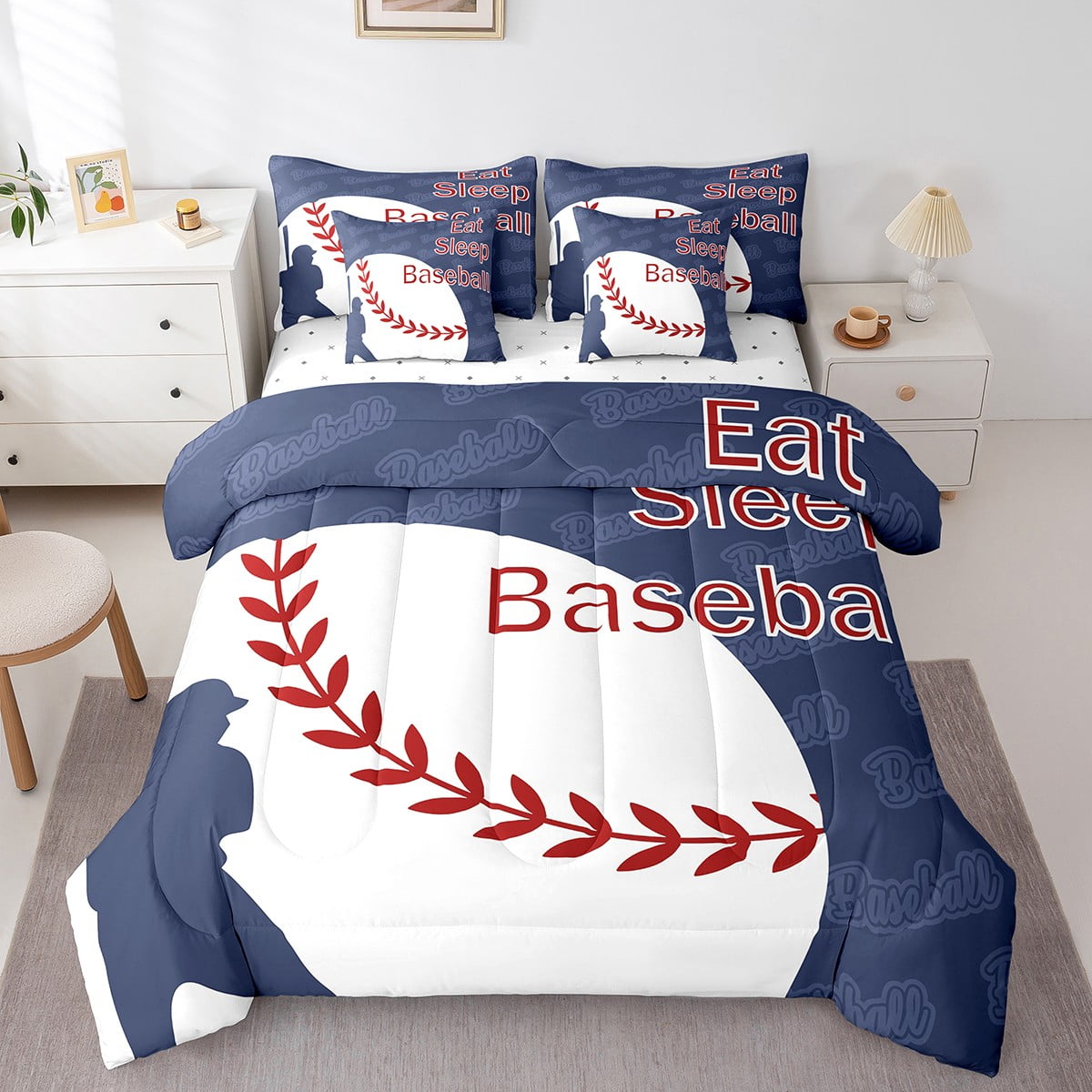 YST 7 Piece Baseball Full Comforter Set for Boys Kids,Navy Blue White ...