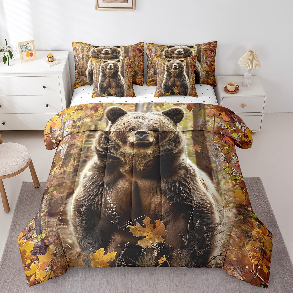 YST 7 Piece Bear Comforter Set Queen Woodland Animal Bear Bed in a Bag with Sheets Wildlife ...