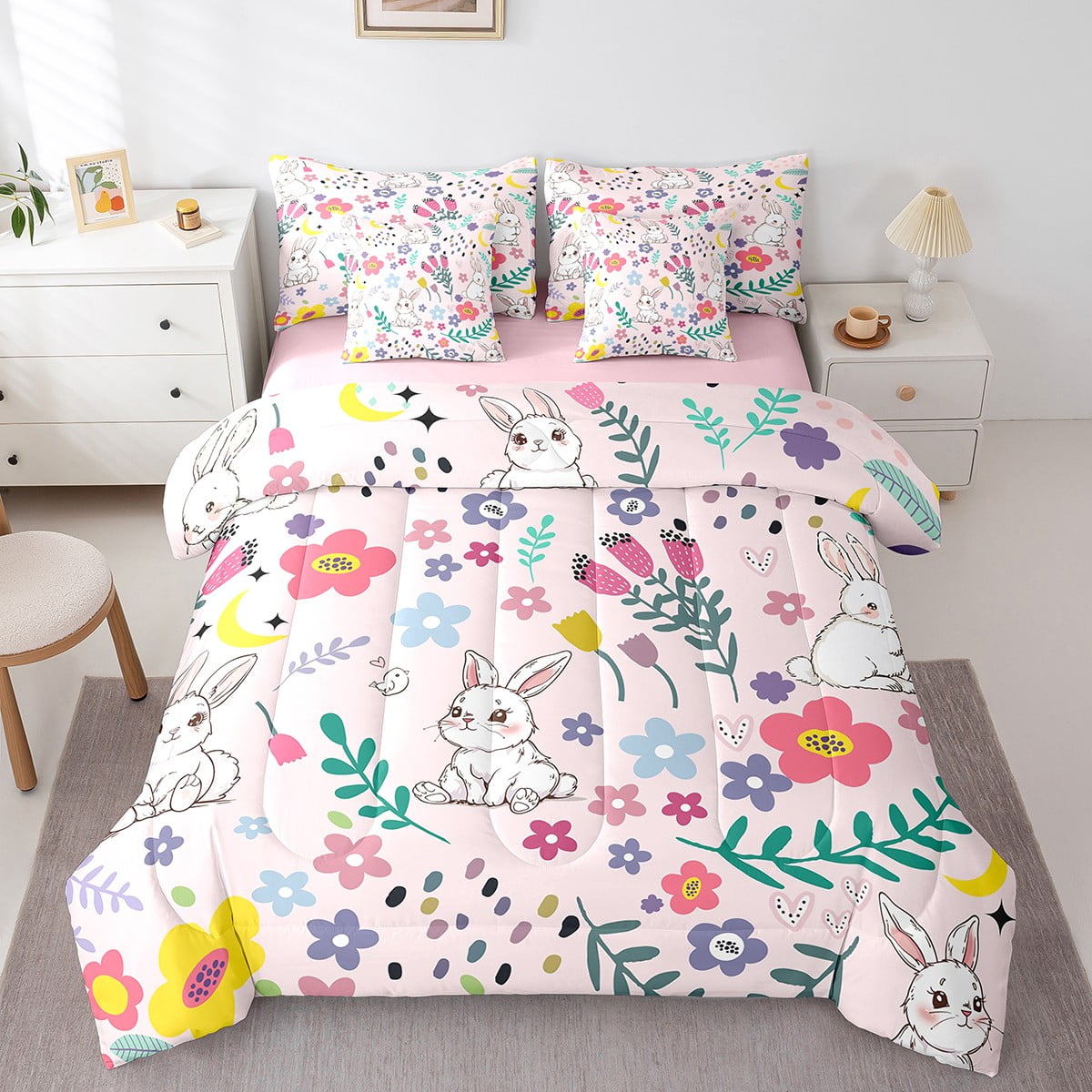 YST 7 Piece Bed in a Bag Full Size Comforter Set Floral Rabbit Bedding ...