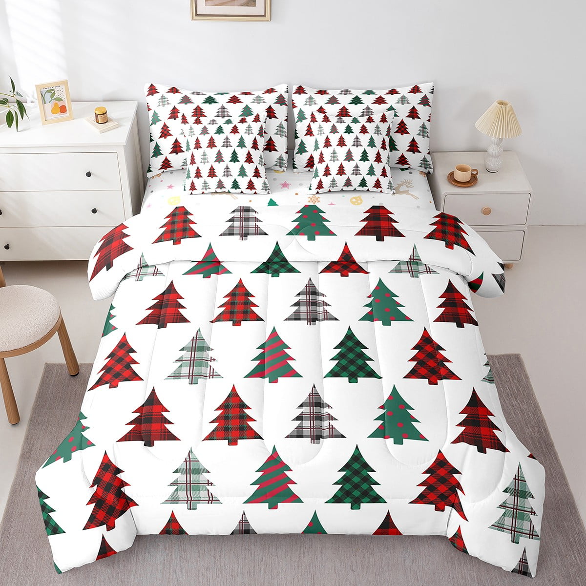 YST 7 Piece Bed in a Bag Queen Size Comforter Set Christmas Bedding Set,Red Blue Christmas Tree ...