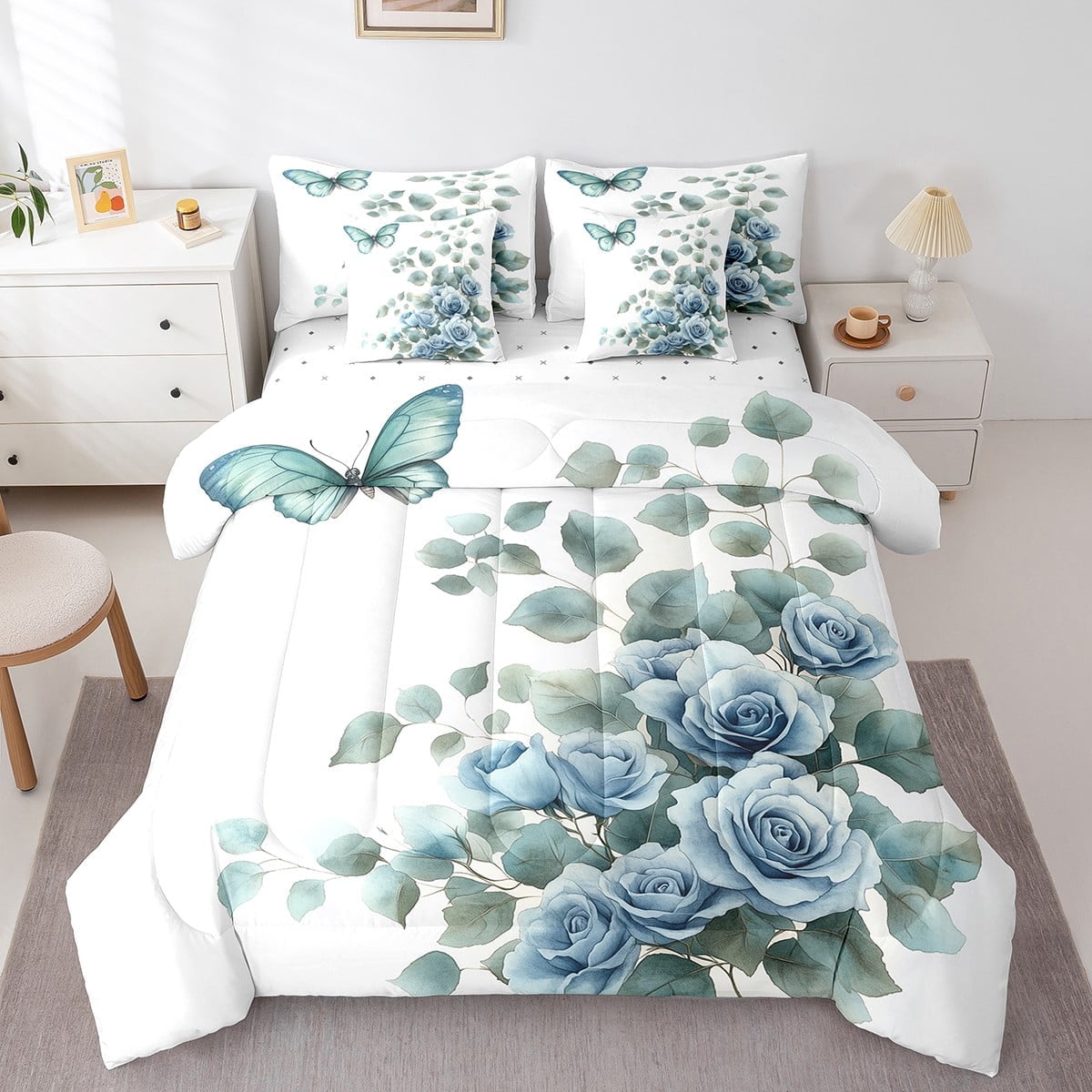 YST 7 Piece Blue Rose Floral Full Comforter Set with Sheets,Butterfly ...