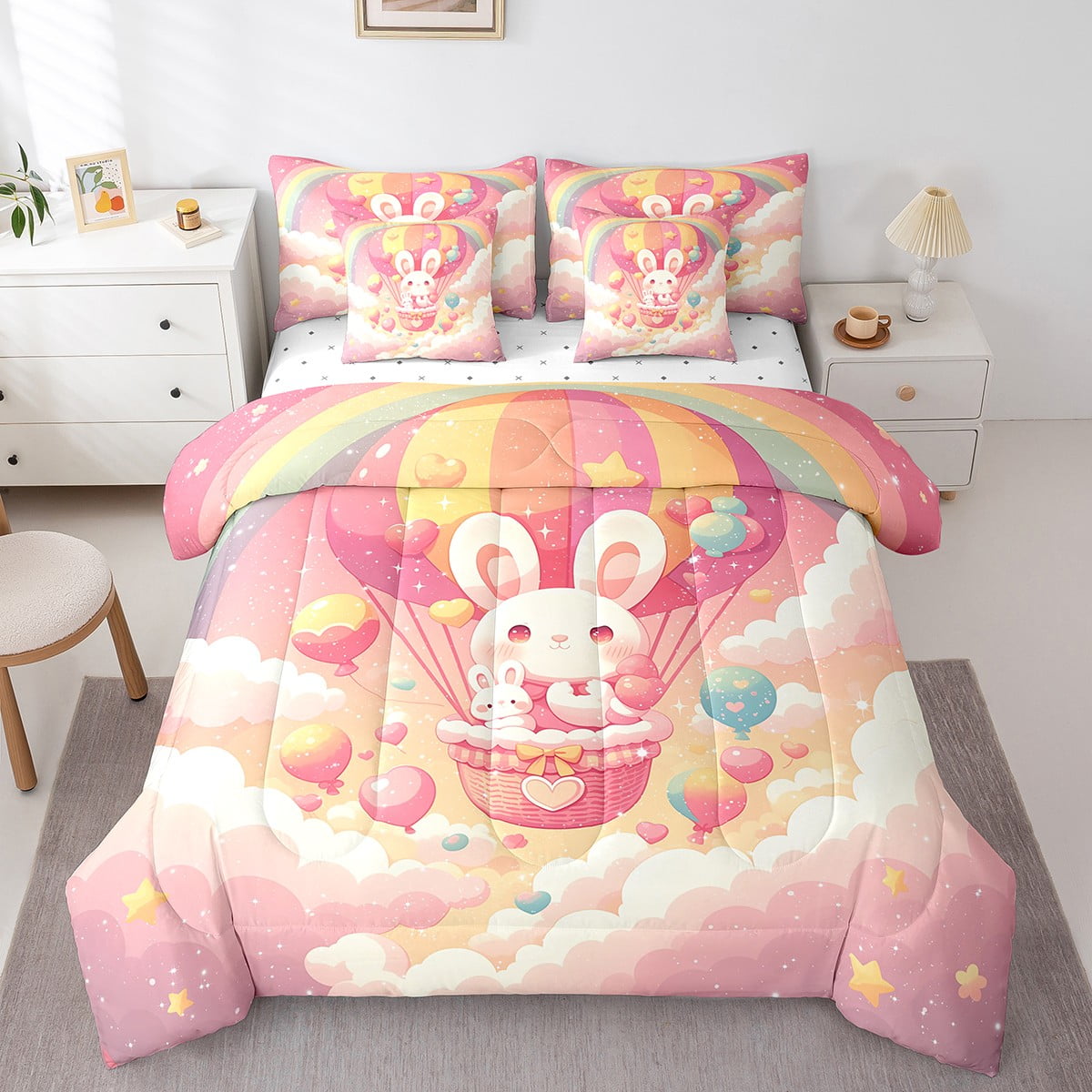 Erosebridal 7 Piece Bunny Full Comforter Set,Cute Rainbow Rabbit ...