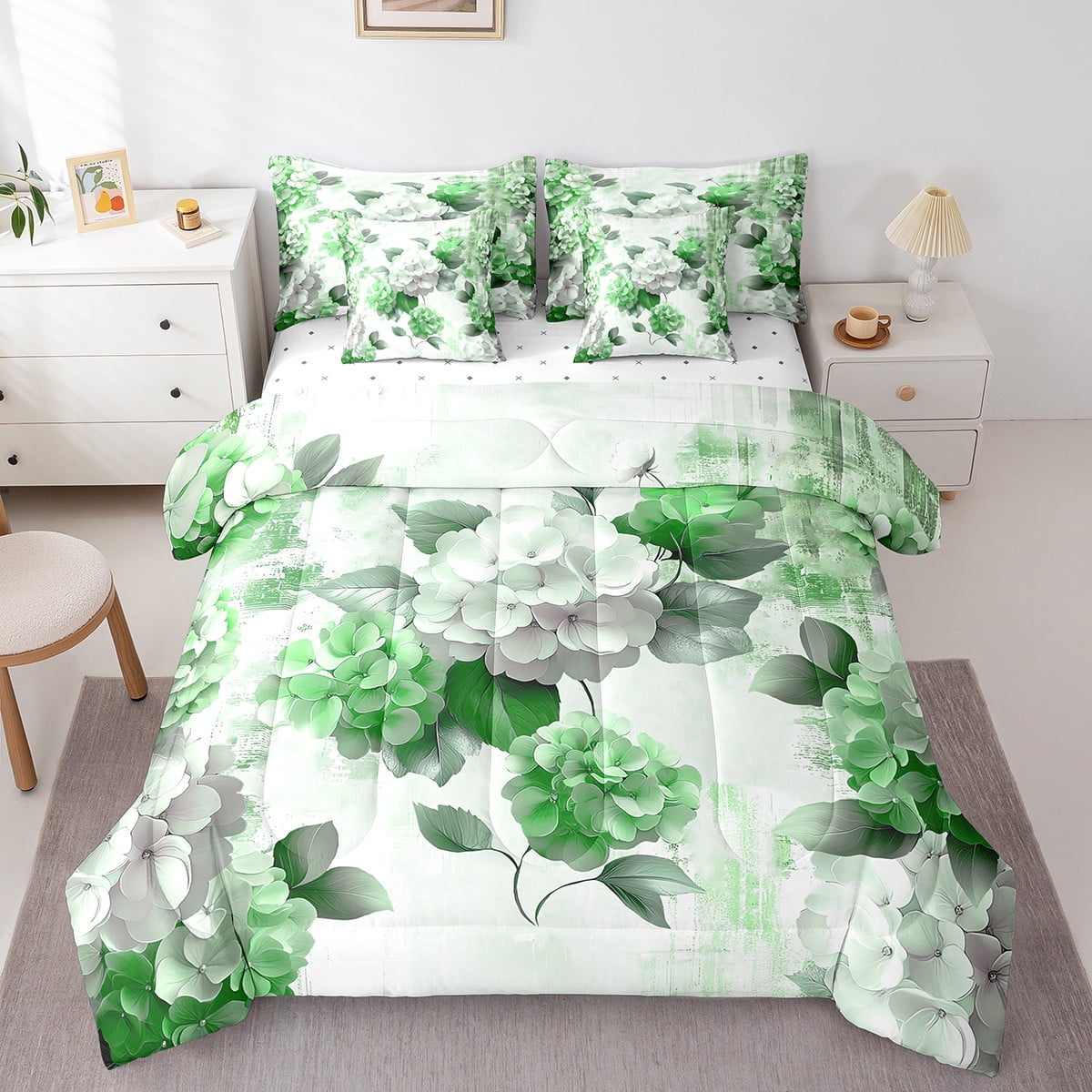 YST 7-Piece Chic Floral Bedding Queen Size for Girls Women Hydrangea ...
