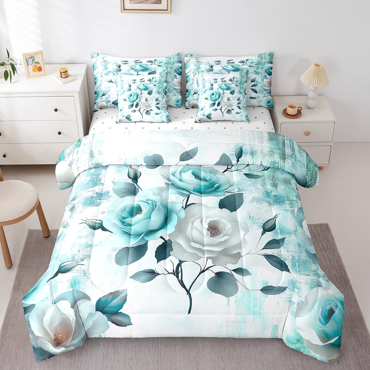 7-Piece Chic Floral Bedding Queen Size Women Rose Flower Comforter Set ...