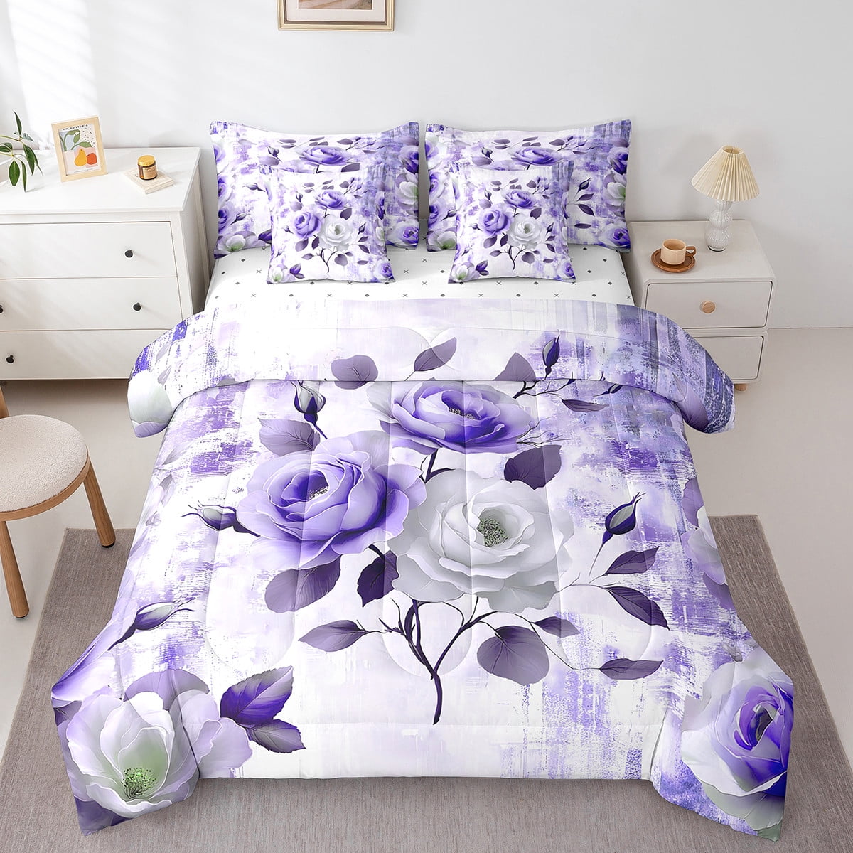 7-Piece Chic Floral Bedding Twin Size Women Rose Flower Comforter Set ...