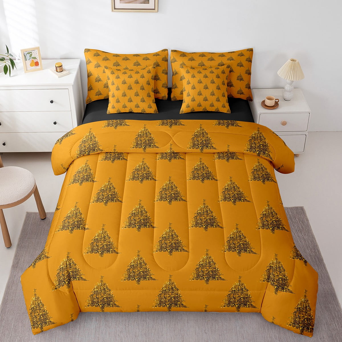 YST 7 Piece Christmas Bedding Set King Orange Christmas Tree Comforter ...
