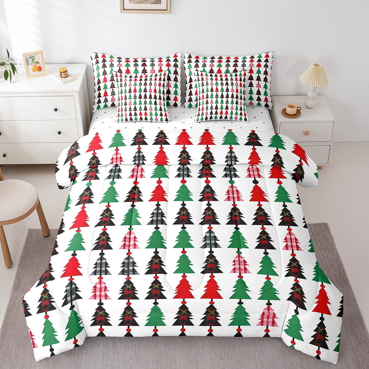 YST 7 Piece Christmas Tree King Bedding Set,Red Black Green Xmas Tree ...