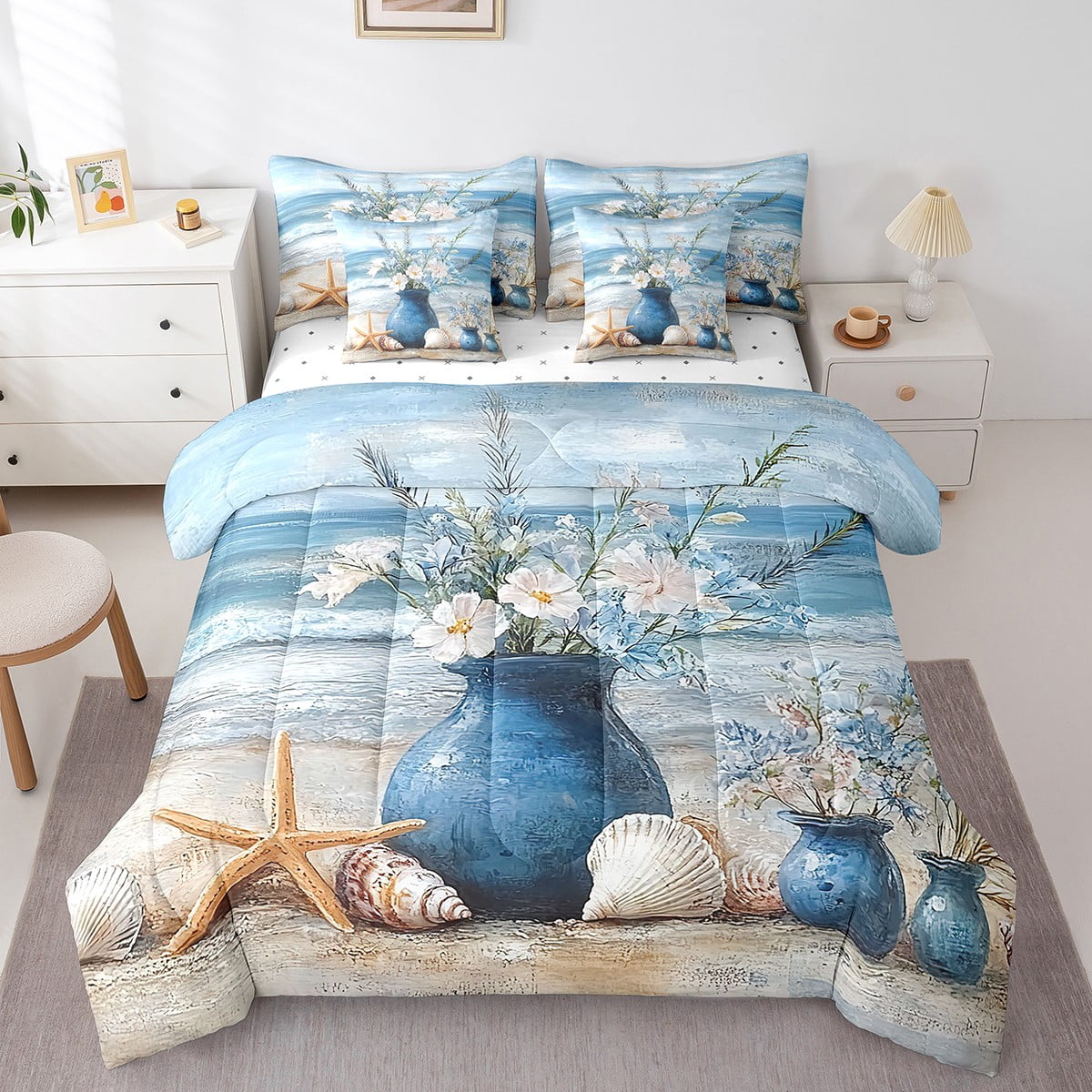7 Piece Coastal Beach Floral Bedding Set Full Size,Ocean Waves Starfish ...