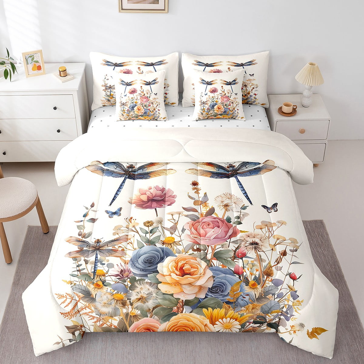 YST 7 Piece Colorful Rose Floral Twin Bedding Set,Dragonfly Butterfly ...
