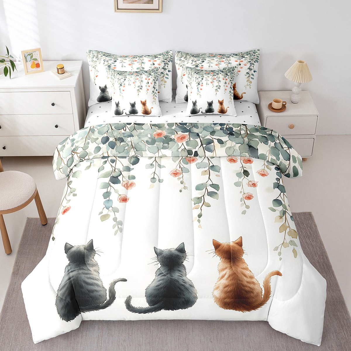 YST 7 Piece Cute Cat Full Bed in a Bag,Kawaii Animal Print Cat Bedding ...