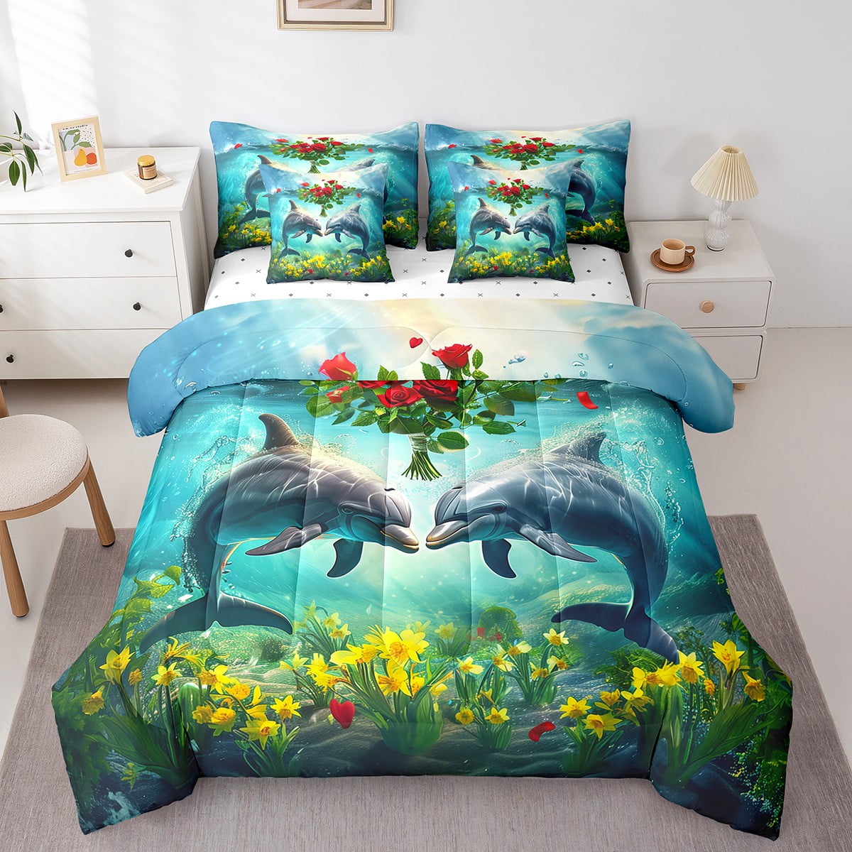 YST 7 Piece Cute Dolphin Bedding Set Queen Size 3D Dolphin Print Bed In ...