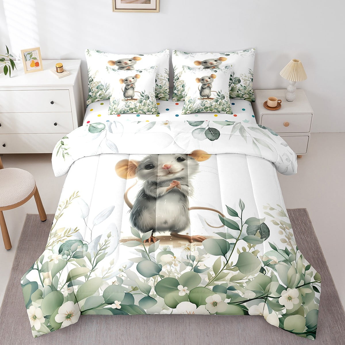 7-Piece Cute Mouse Bedding Twin Green Eucalyptus Comforter Set, Kawaii ...