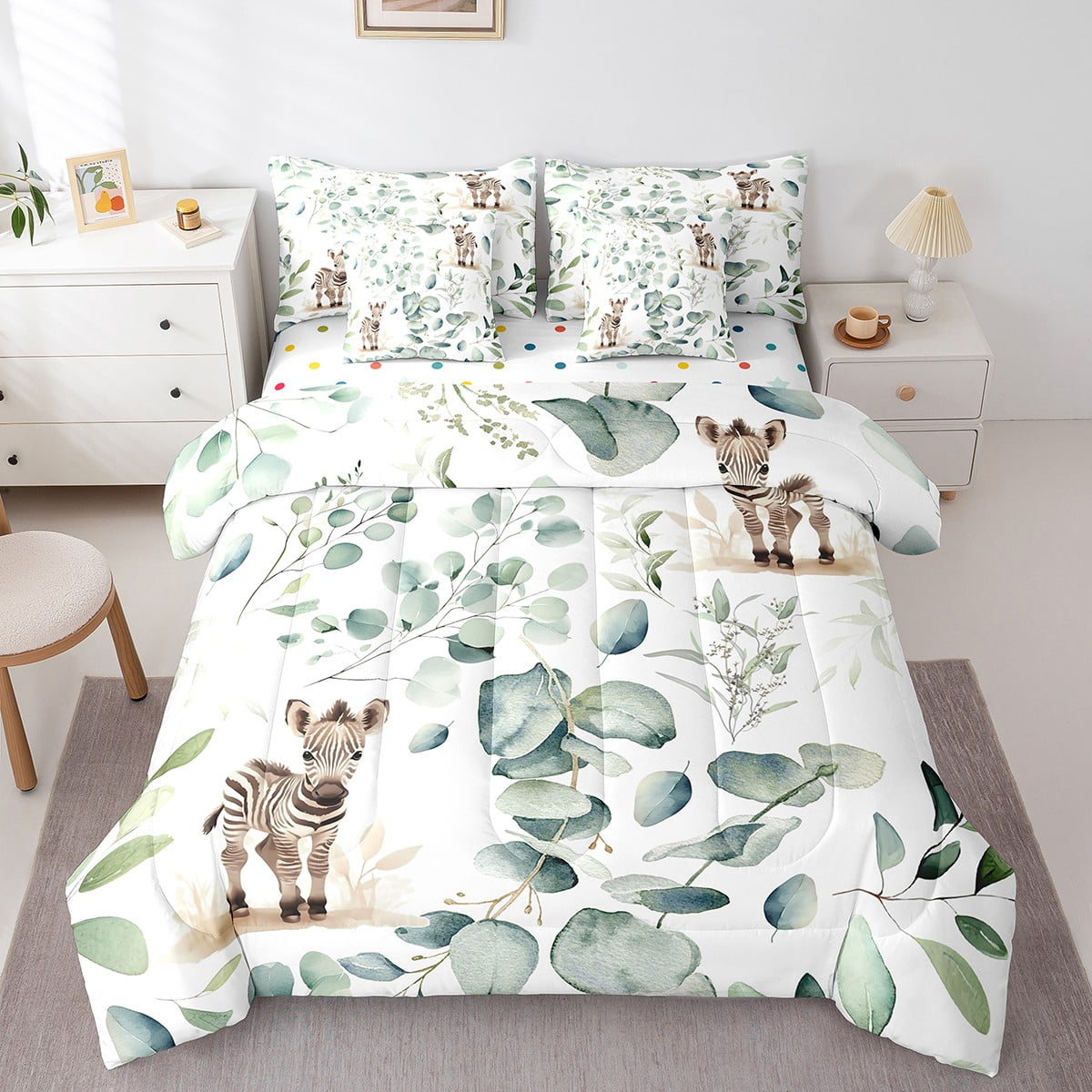 7-Piece Cute Zebra Bedding Full Green Eucalyptus Comforter Set ...