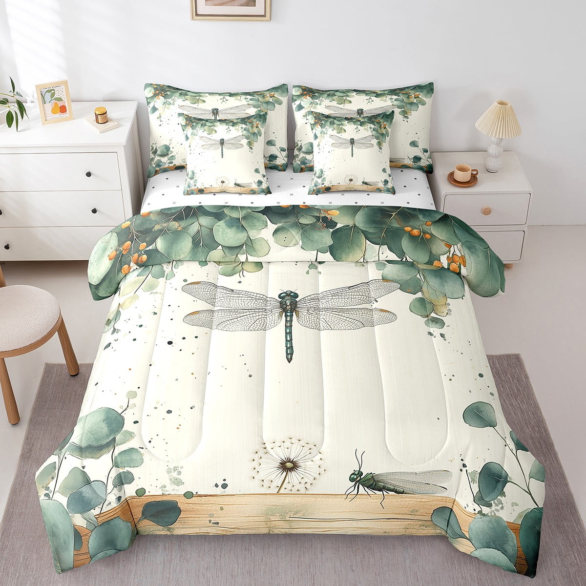 YST 7 Piece Dragonfly Twin Bedding Set,Eucalyptus Green Leaf Bed in a ...