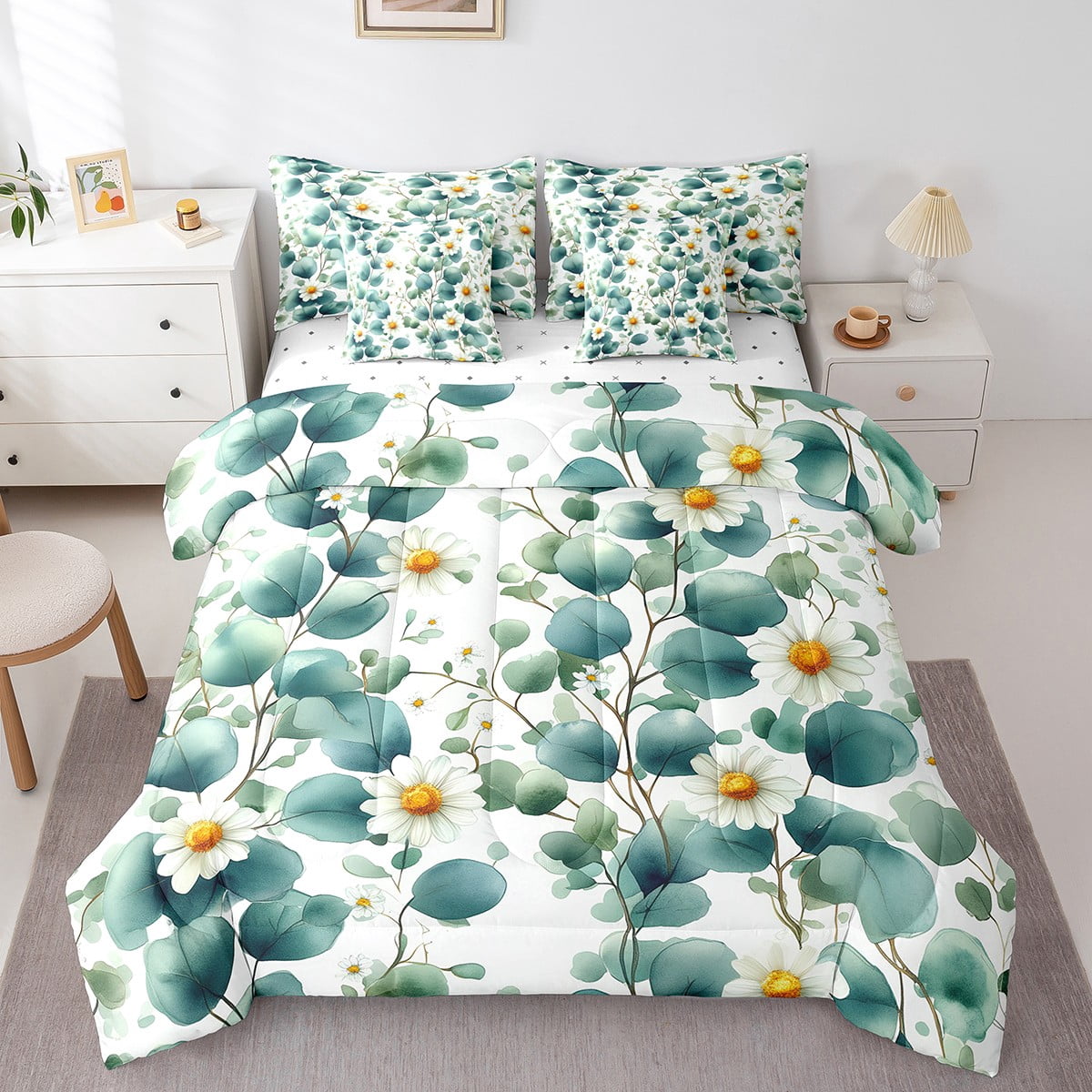 YST 7 Piece Eucalyptus Leaf Queen Bedding Set,Green Leaves Botanical ...