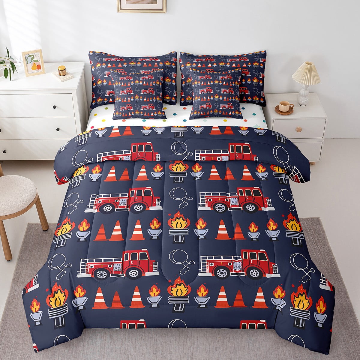 YST 7 Piece Fire Truck Full Bedding Set for Kids Boys Girls,Red Fire ...