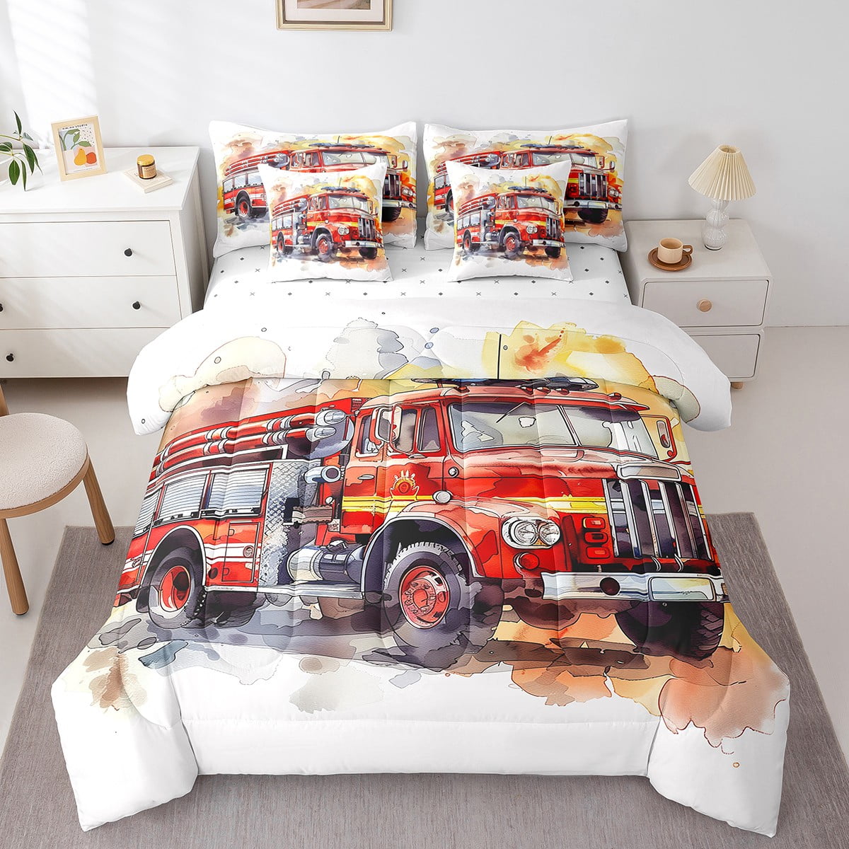 YST 7 Piece Fire Truck King Comforter Set for Kids Boys Girls,Red Fire ...