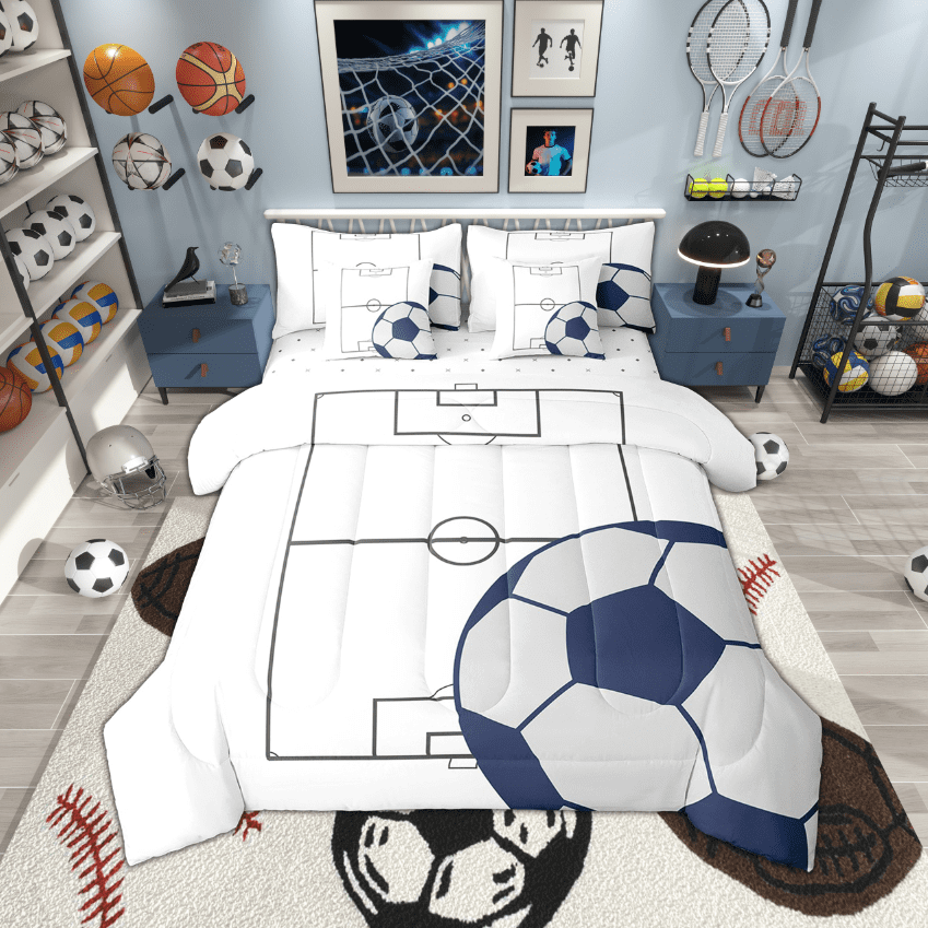 7 Piece Football Twin Comforter Set ,White Blue Soccer Bed in a Bag ...