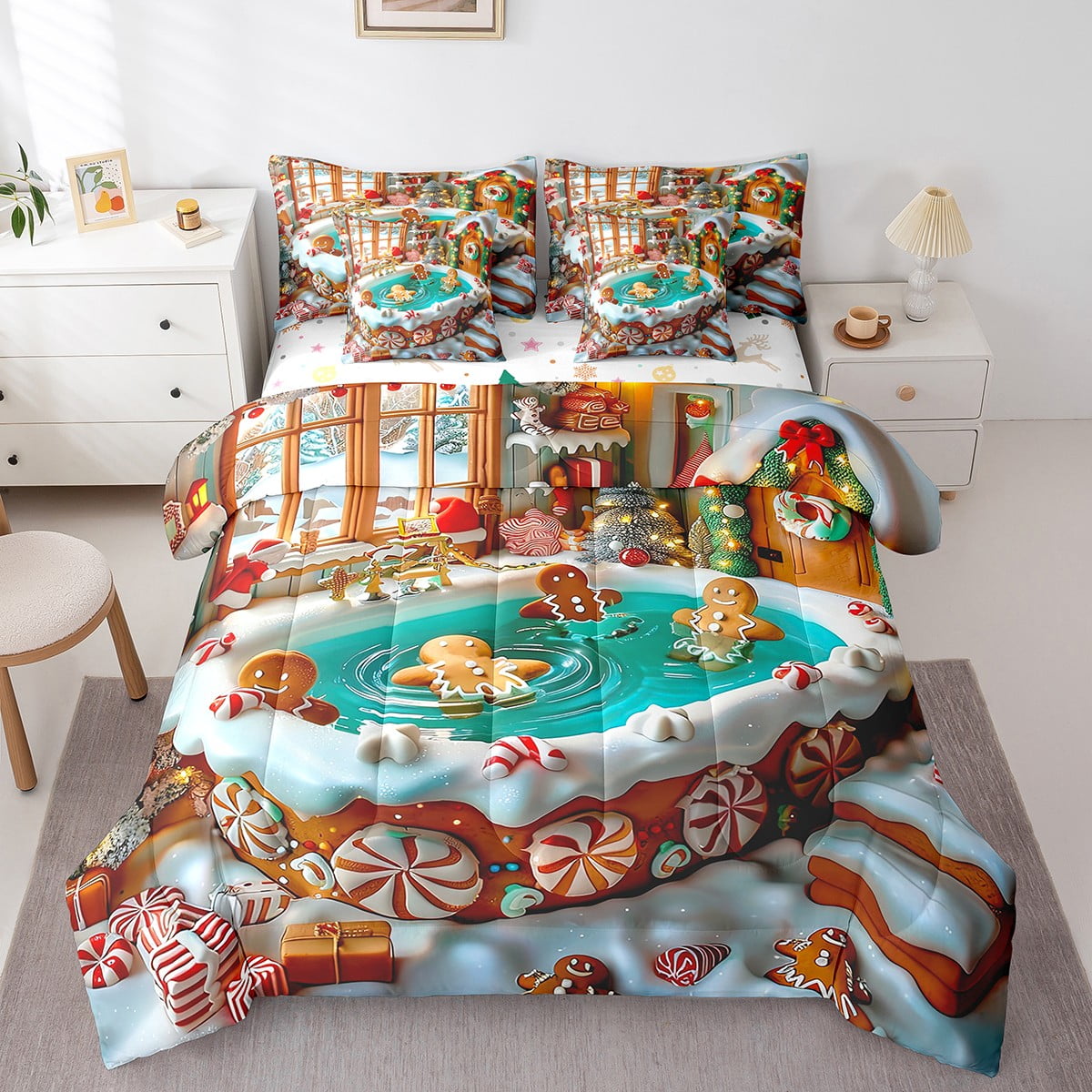 YST 7 Piece Funny Christmas Queen Bedding Set,Cute Gingerbread Man Bed ...
