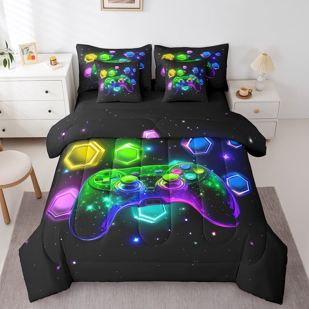 YST 7 Piece Gamer Bed In A Bag,Green Gaming Bedding Sets Queen Size,3D ...