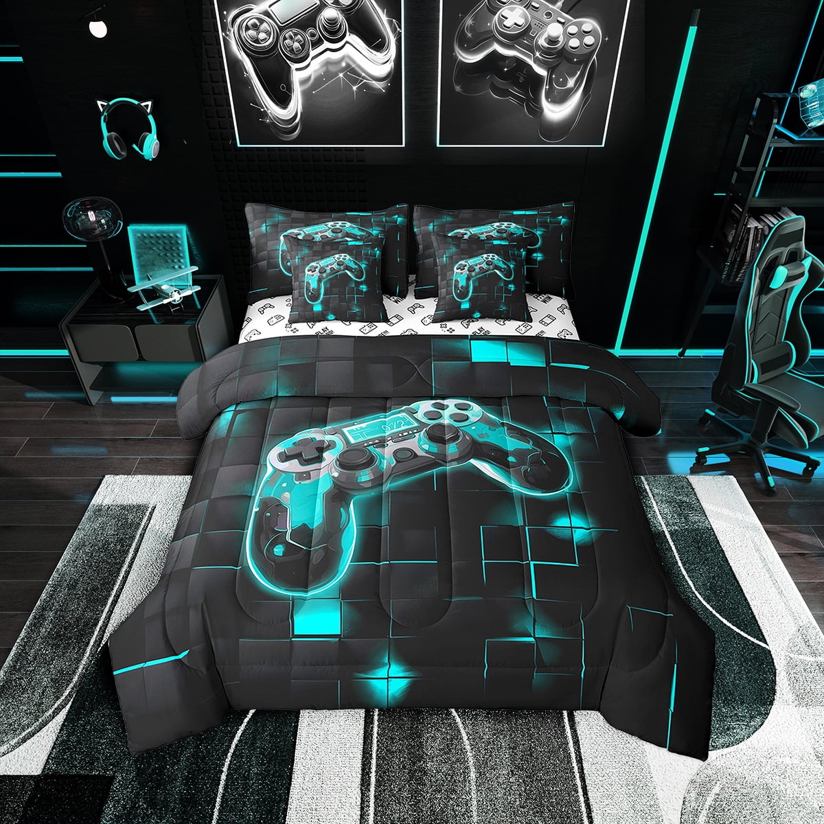 7 Piece Gamer Queen Bedding Sets for Boys Girls Kids,Teal and Black ...