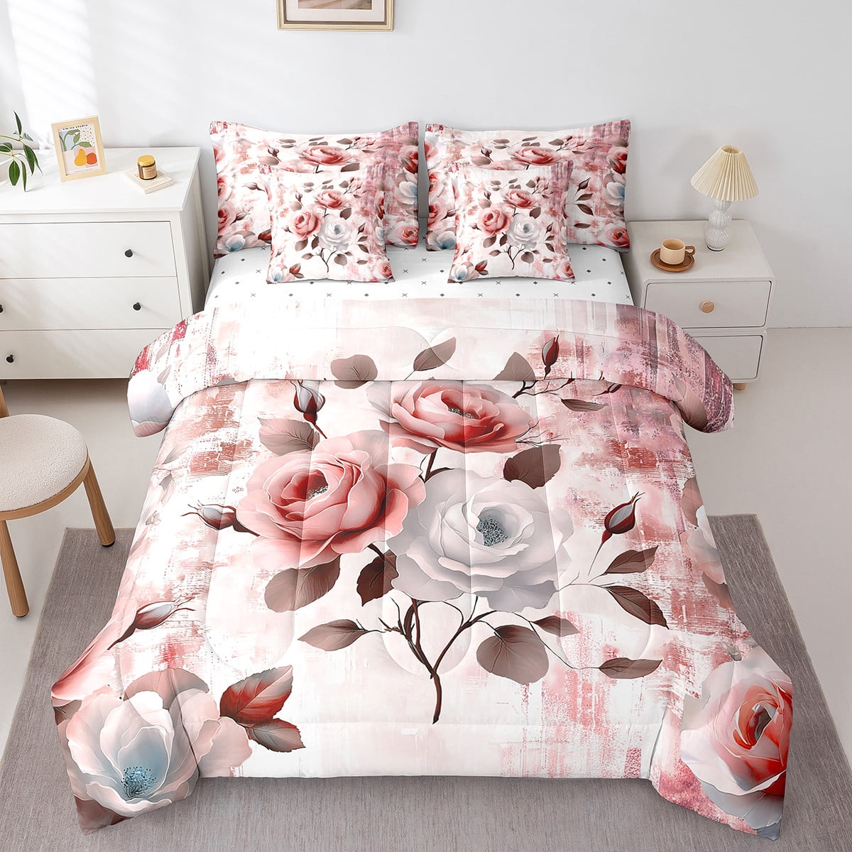7-Piece Flower Bedding Full Size Rose Floral Comforter Set for Women ...