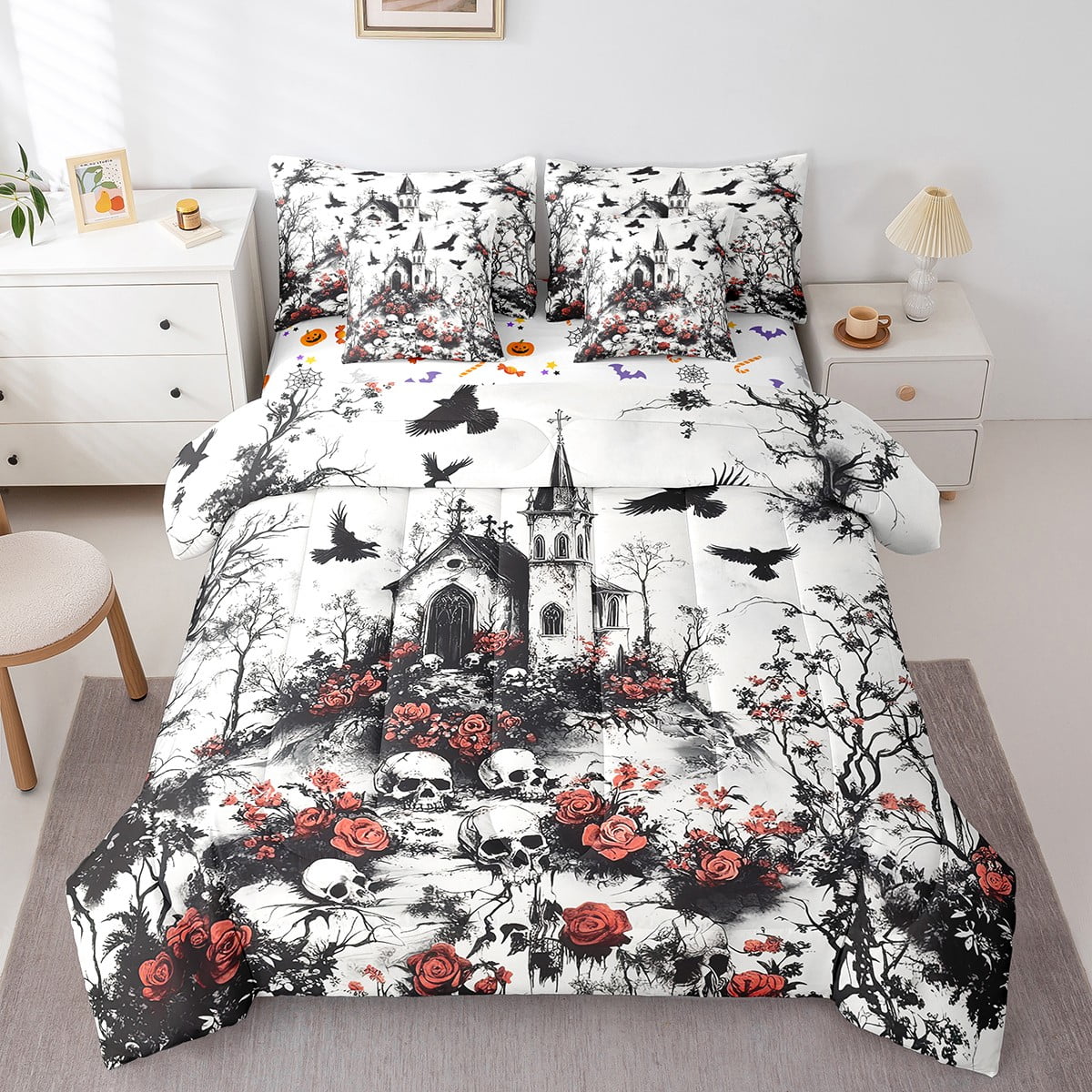 7 Piece Gothic Skull Flower Full Bedding Set,Red and Black Rose Floral ...