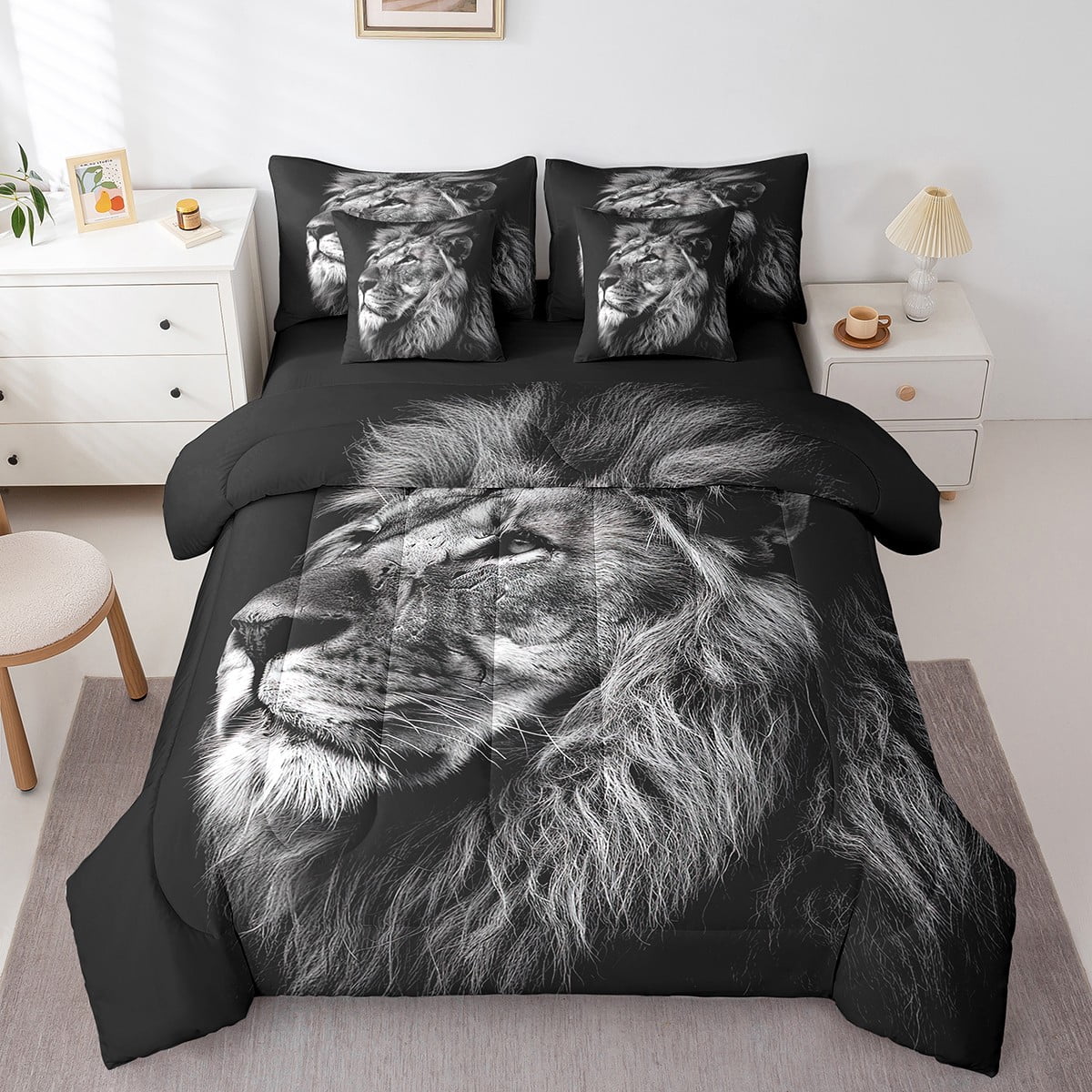 YST 7 Piece Grey Lion Comforter Set Twin Size,Wildlife Bed In A Bag For ...