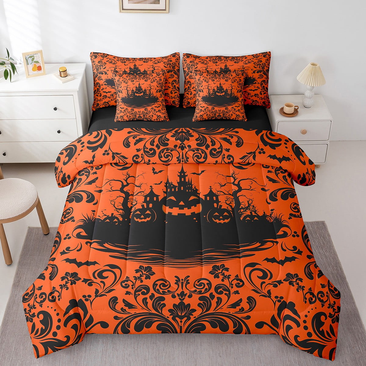 7 Piece Halloween Bed In A Bag Queen Orange And Black Comforter Set ...