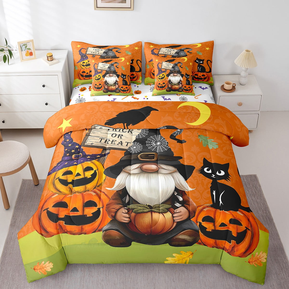 7 Piece Halloween Gnome King Comforter Set with Sheets,Black Cat ...