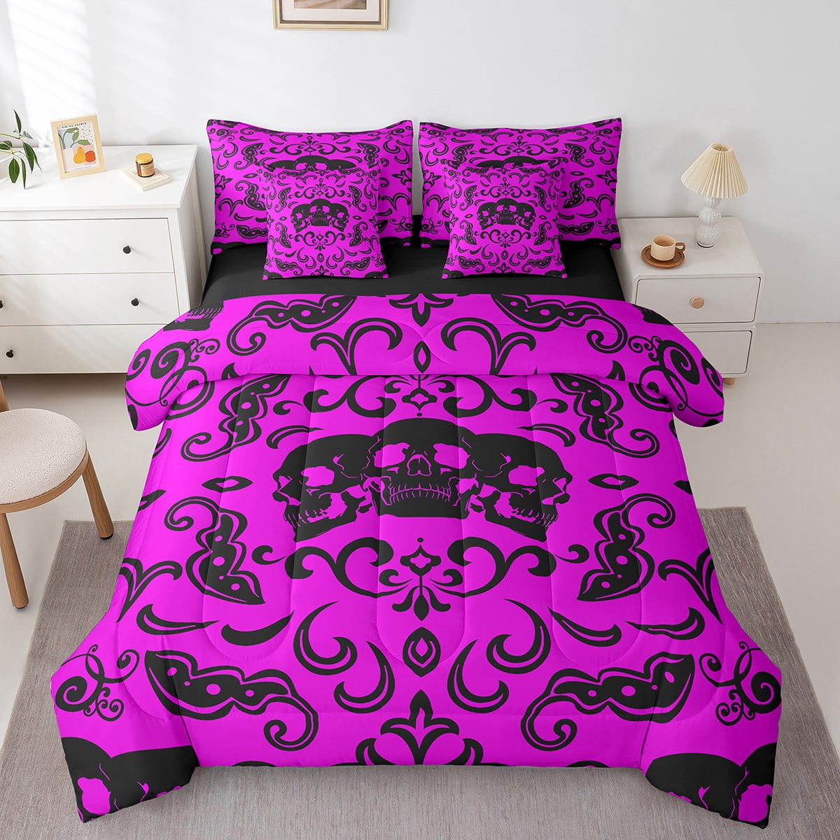 7 Piece Halloween Skull Full Comforter Set Retro Baroque Damask Gothic ...