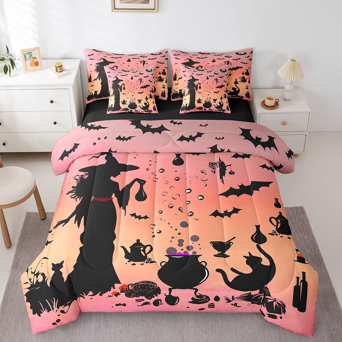 YST 7 Piece Halloween Spooky Bed In A Bag King Horror Witch Black Bats ...