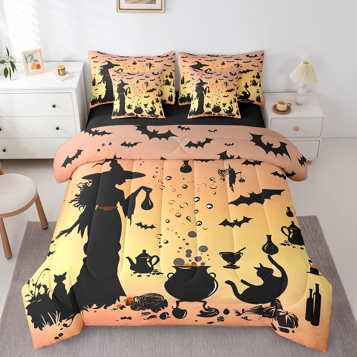 YST 7 Piece Halloween Spooky Bed In A Bag King Horror Witch Black Bats ...