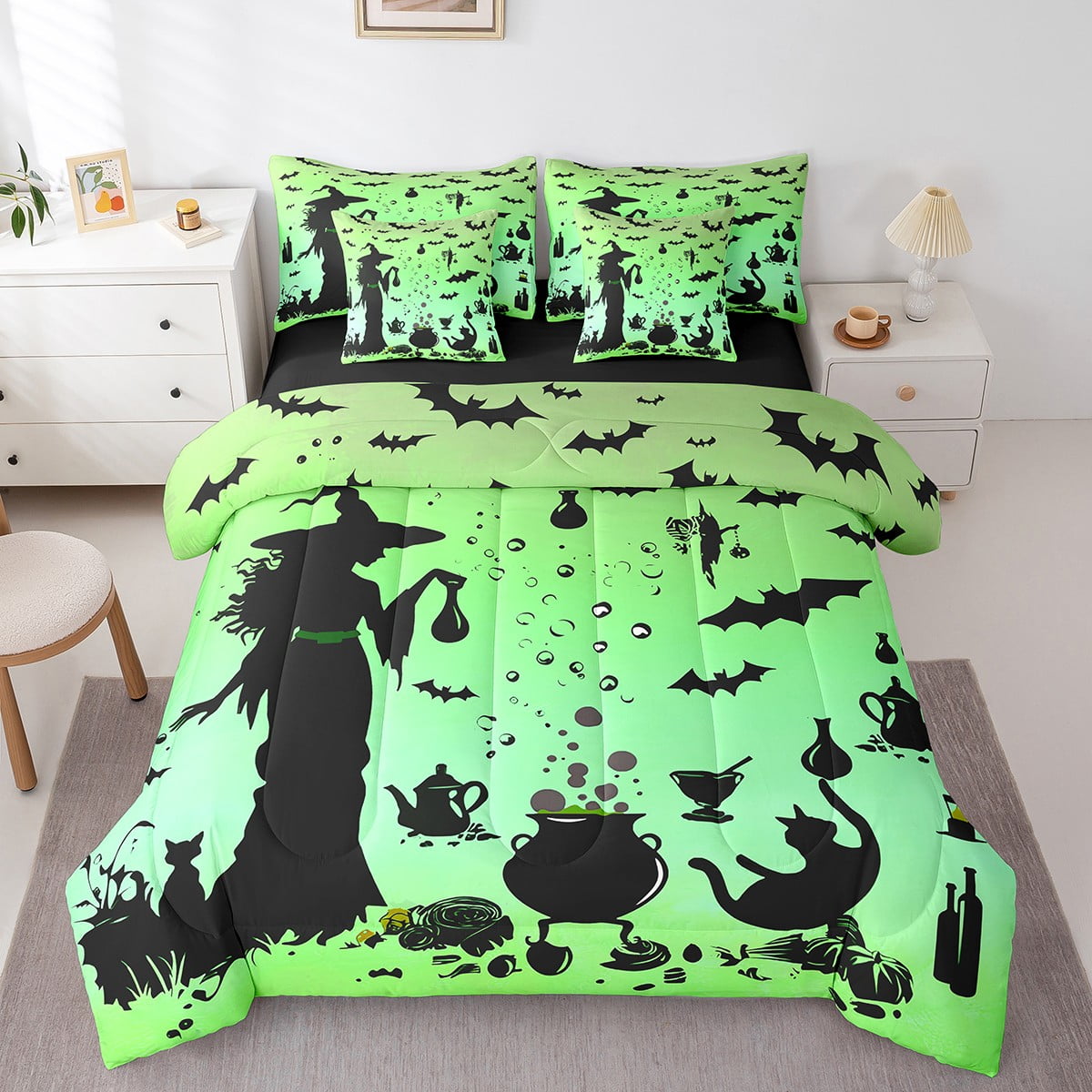 7 Piece Halloween Spooky Bed In A Bag Queen Horror Witch Black Bats Cat ...