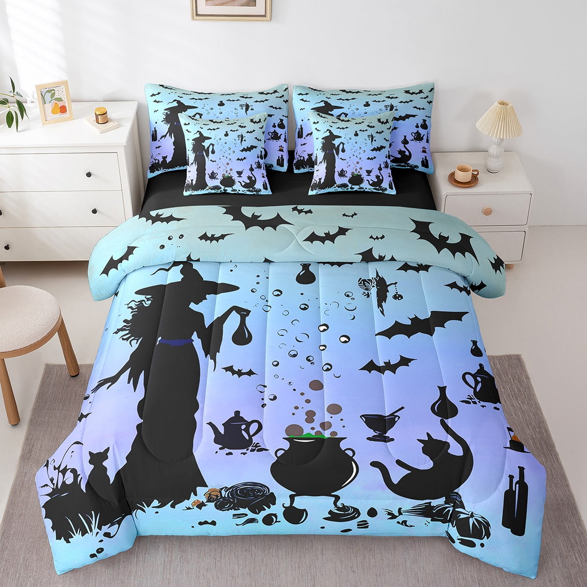 7 Piece Halloween Spooky Bed In A Bag Twin Horror Witch Black Bats Cat ...