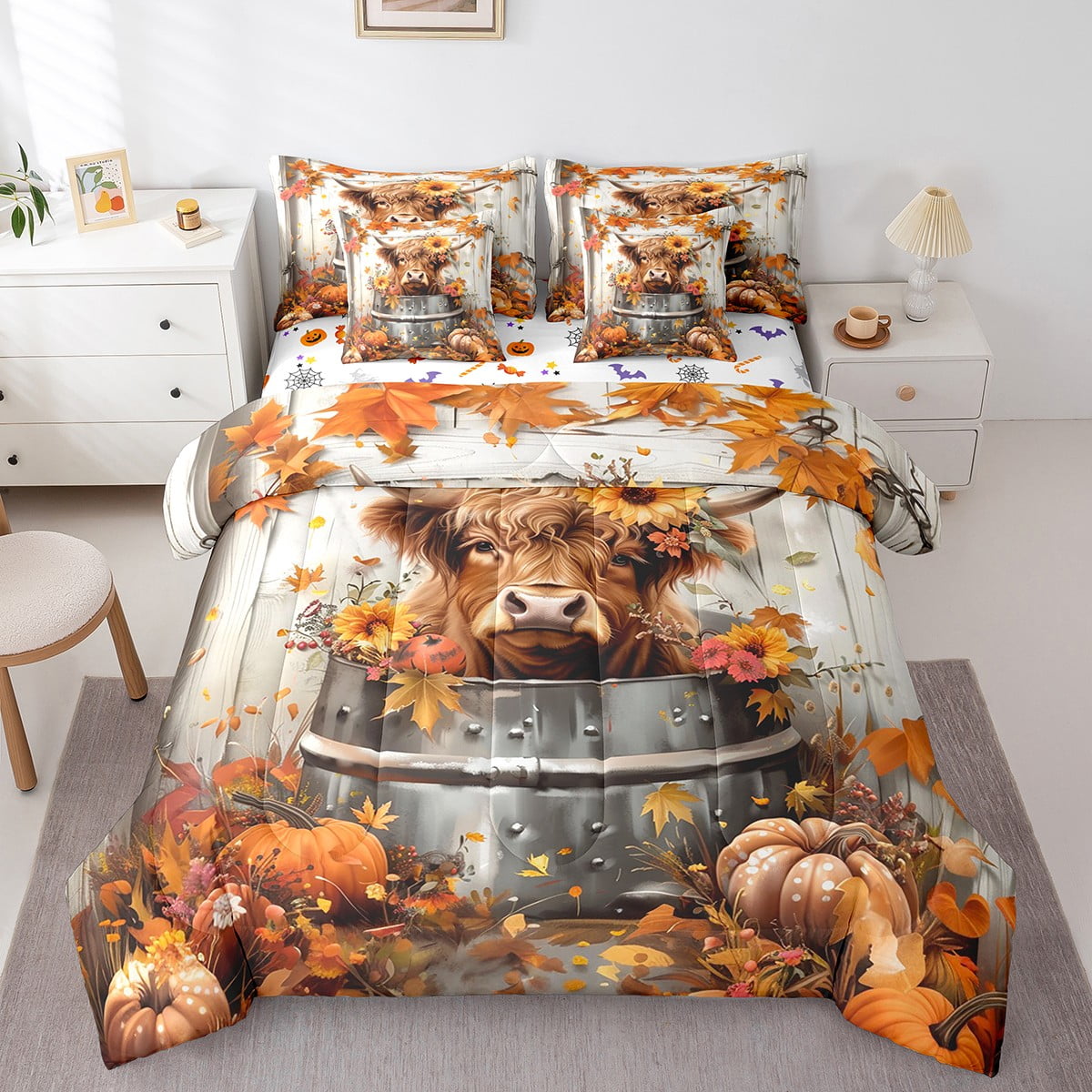 YST 7 Piece Highland Cow Twin Bedding Set,Autumn Leaves Pumpkin Bed Set Fall Harvest Home Decor ...