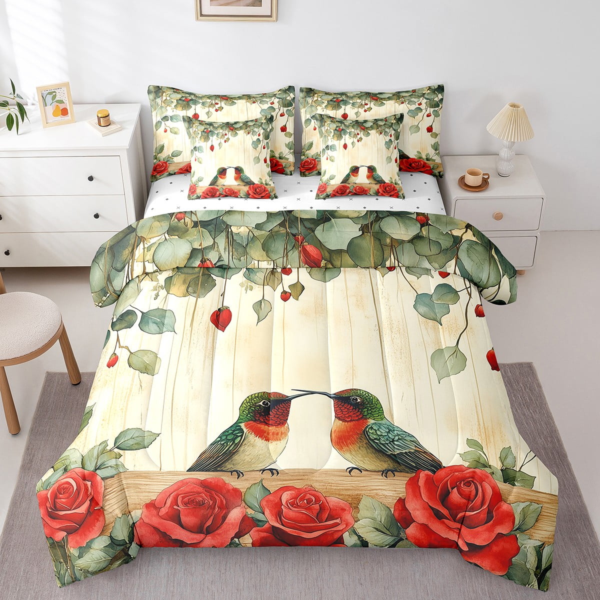 7 Piece Hummingbird Floral Twin Comforter Set with Sheets,Red Rose ...